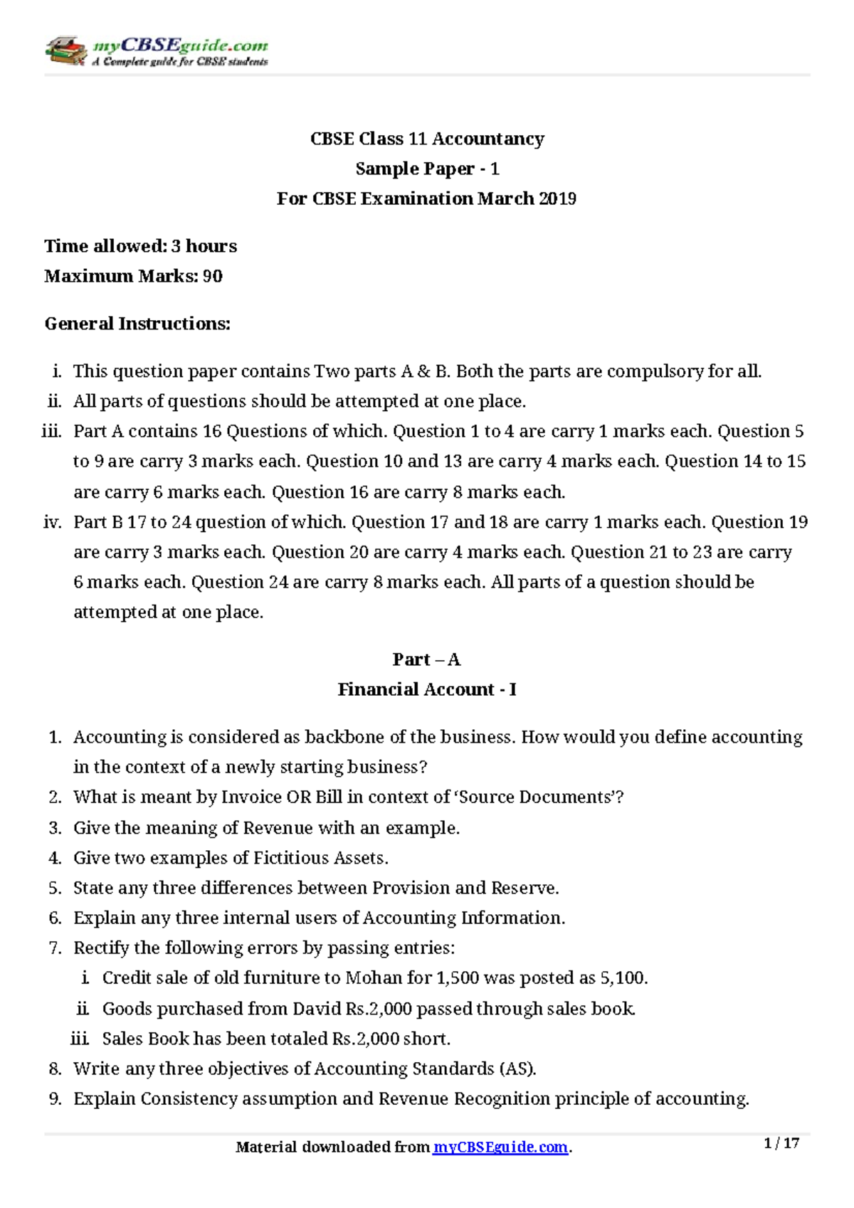 Sample paper 1 - CBSE Class 11 Accountancy Sample Paper - 1 For CBSE ...