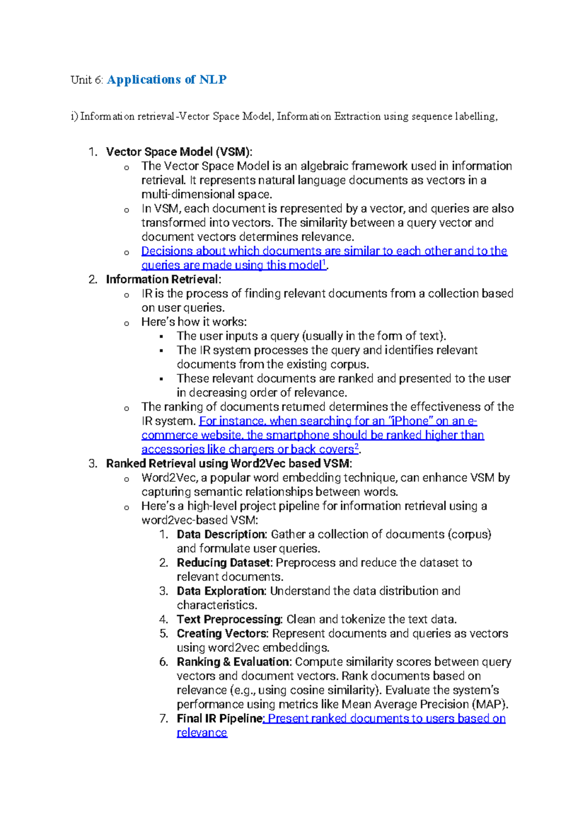 Unit 6-1 - Unit 6: Applications of NLP i) Information retrieval-Vector Space Model, Information ...