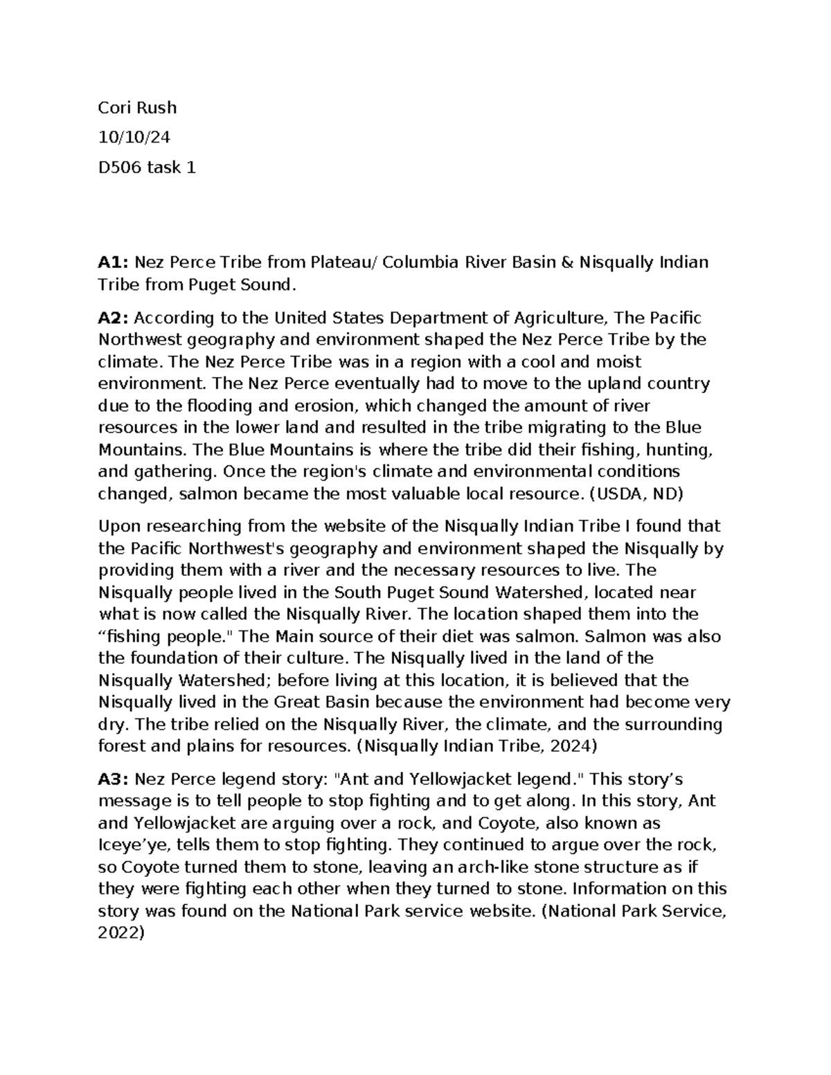 D506 task 1 Final - Cori Rush 10/10/ D506 task 1 A1: Nez Perce Tribe ...