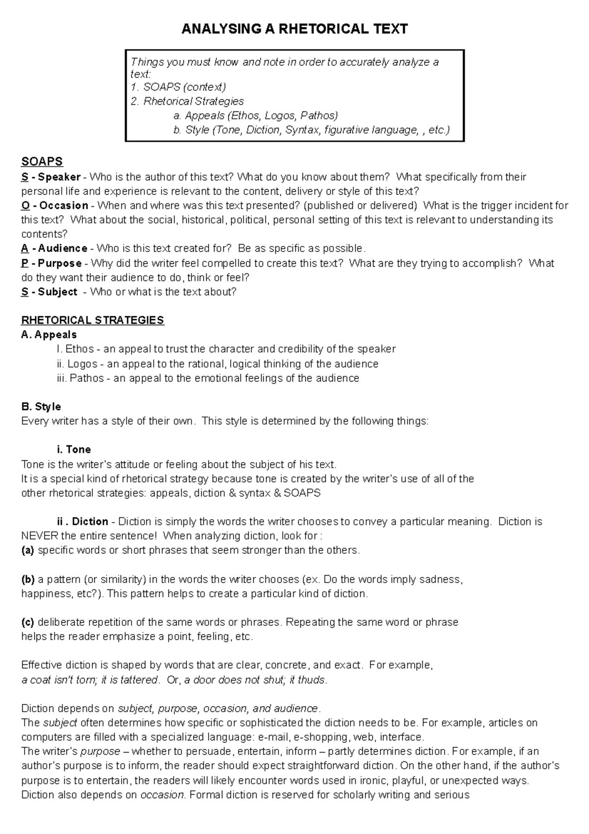 ENG 3UP - Rhetorical Analysis Guide - ANALYSING A RHETORICAL TEXT ...