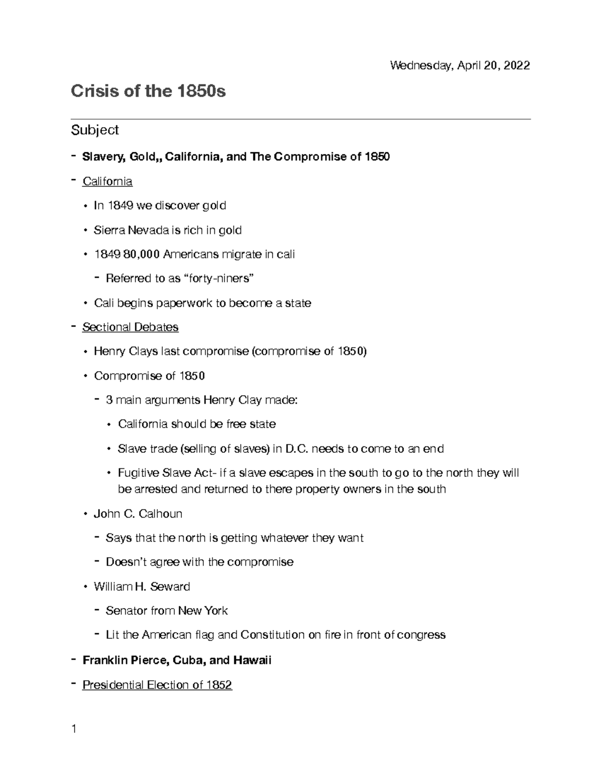 Crisis of the 1850s - Josh Camper, all lecture class - Crisis of the ...