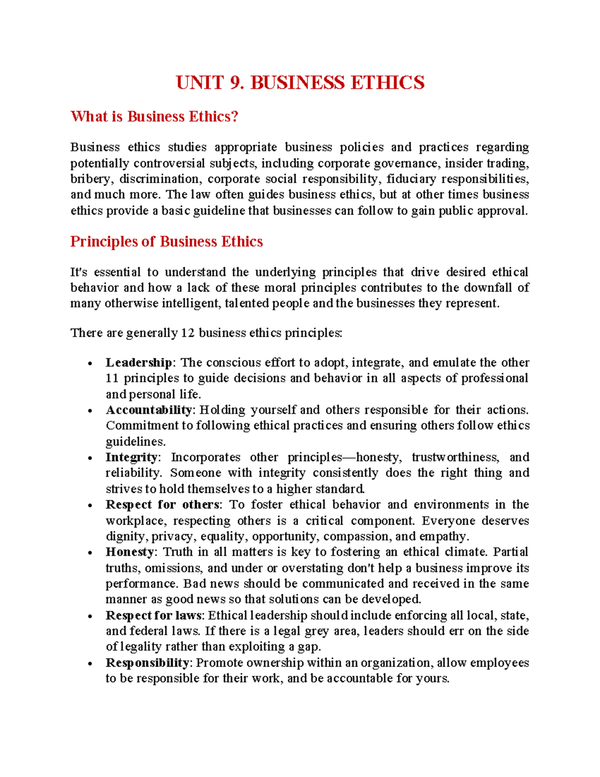 UNIT 5. Ethics - BTAP Co Thuy Man - UNIT 9. BUSINESS ETHICS What is ...