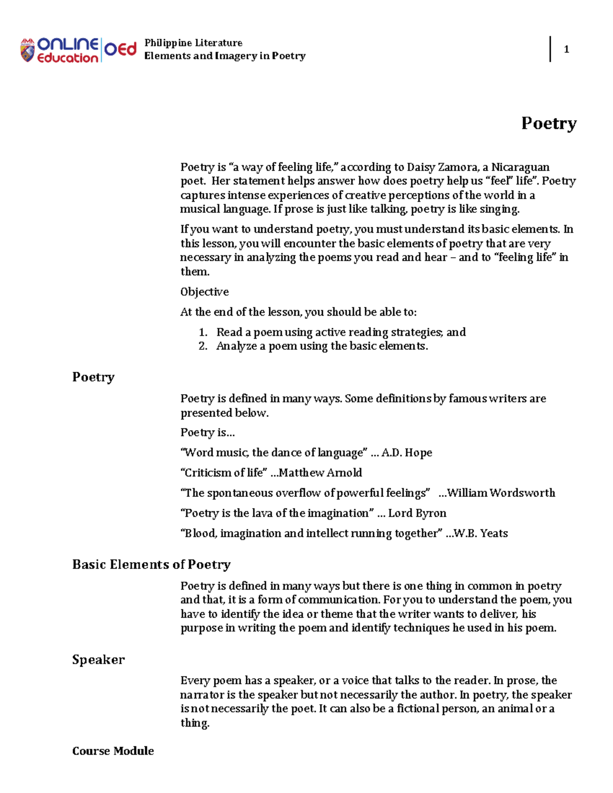 Poetry - Lecture Notes - Philippine Literature Elements and Imagery in ...