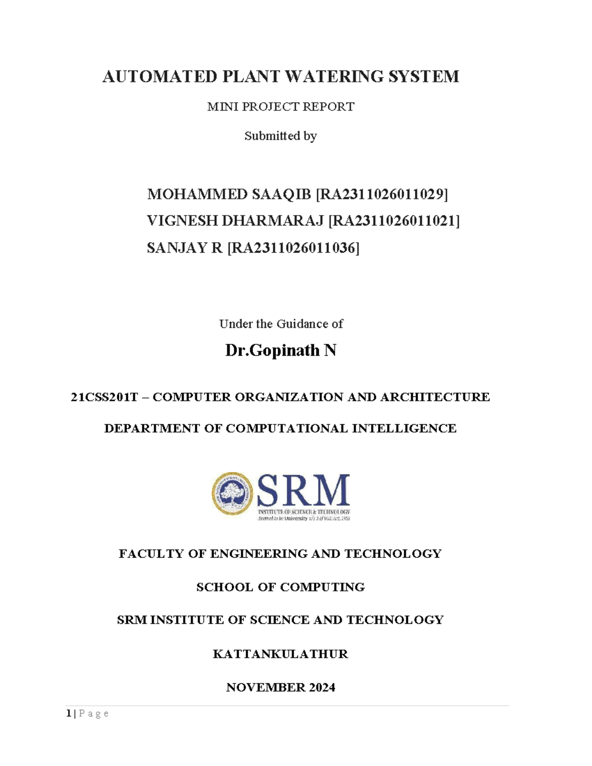 Sanjay final - project - AUTOMATED PLANT WATERING SYSTEM MINI PROJECT REPORT Submitted by ...
