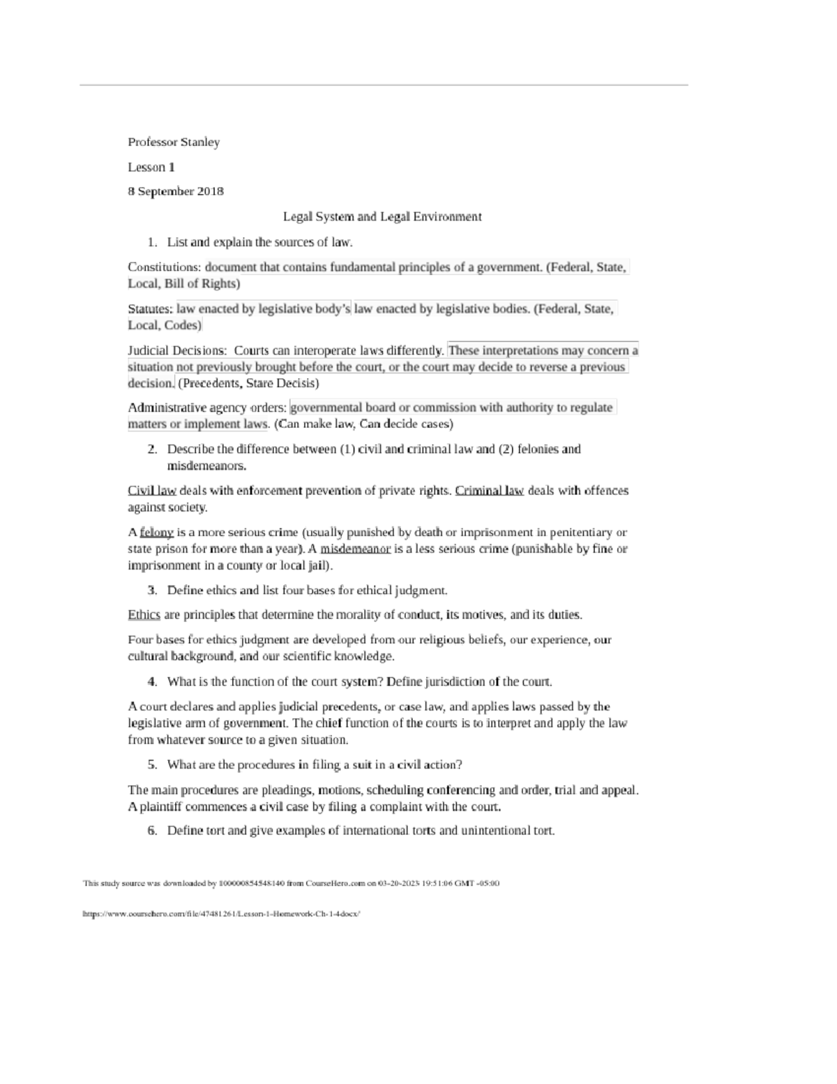 Lesson 1 Homework Ch 1-4 - BUSI 2301 - Studocu