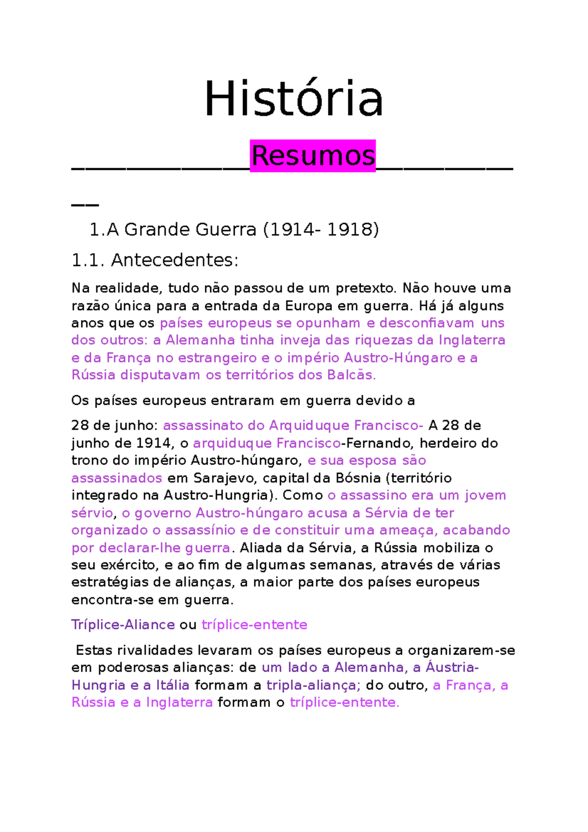 Historia - Guerra mundial - História ___Resumos __ 1 Grande Guerra ...