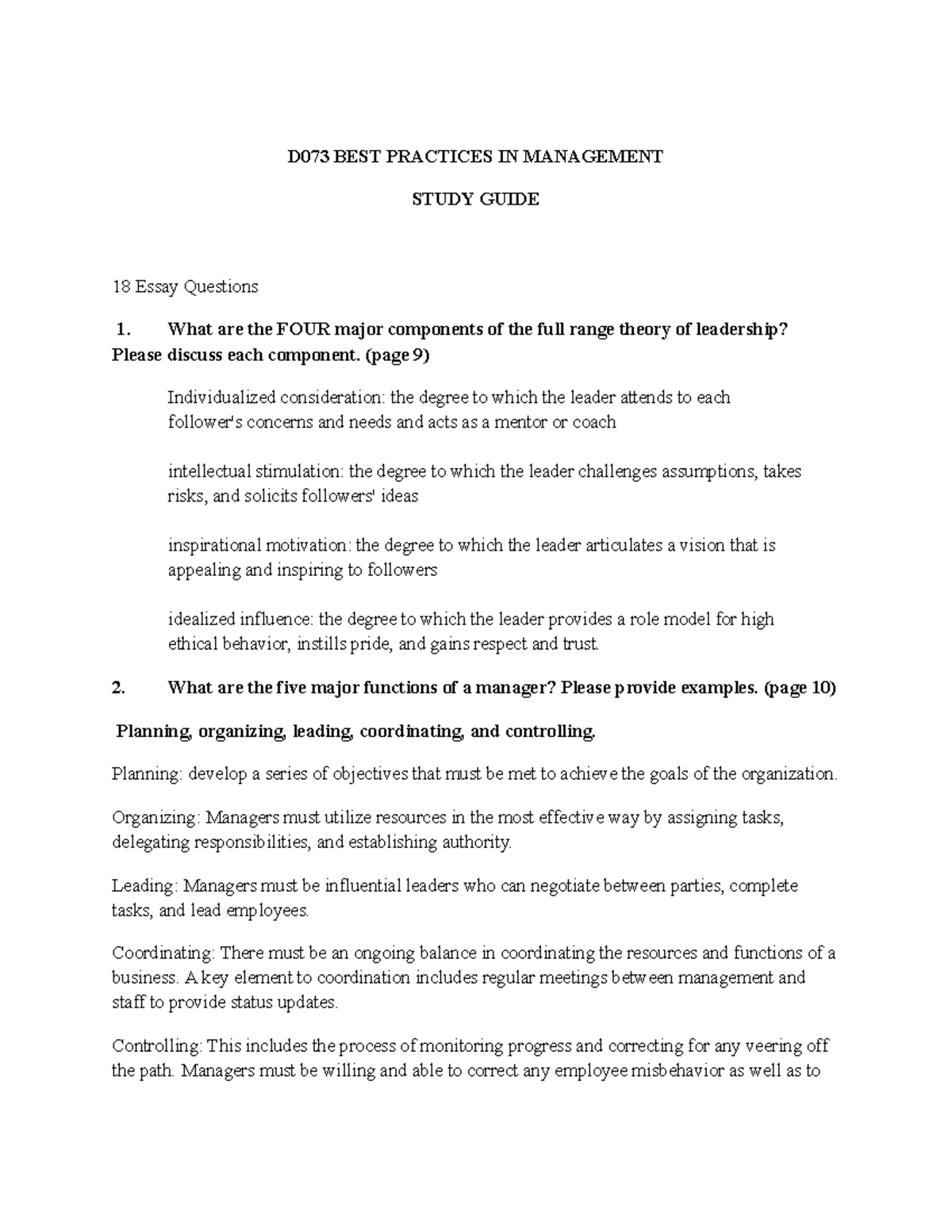 D073 Study Guide - D073 BEST PRACTICES IN MANAGEMENT STUDY GUIDE 18 ...