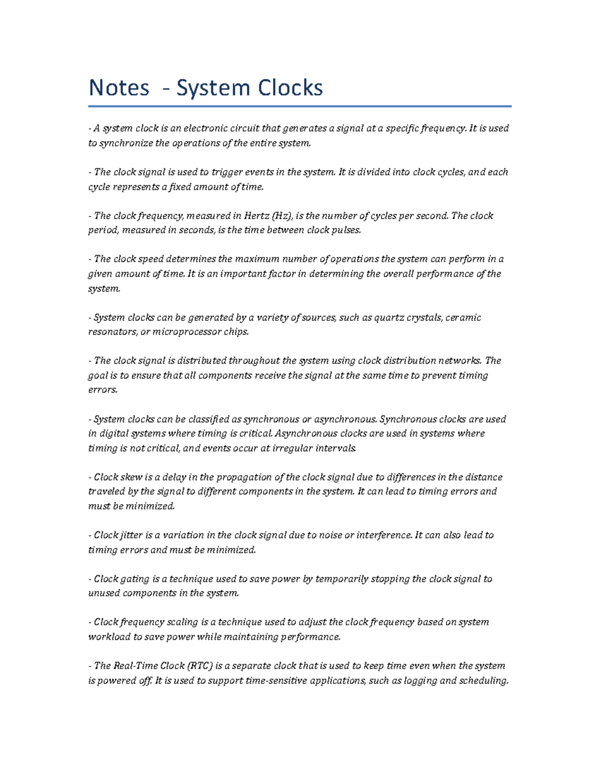 Lecture notes - System Clocks - Notes - System Clocks A system clock is ...