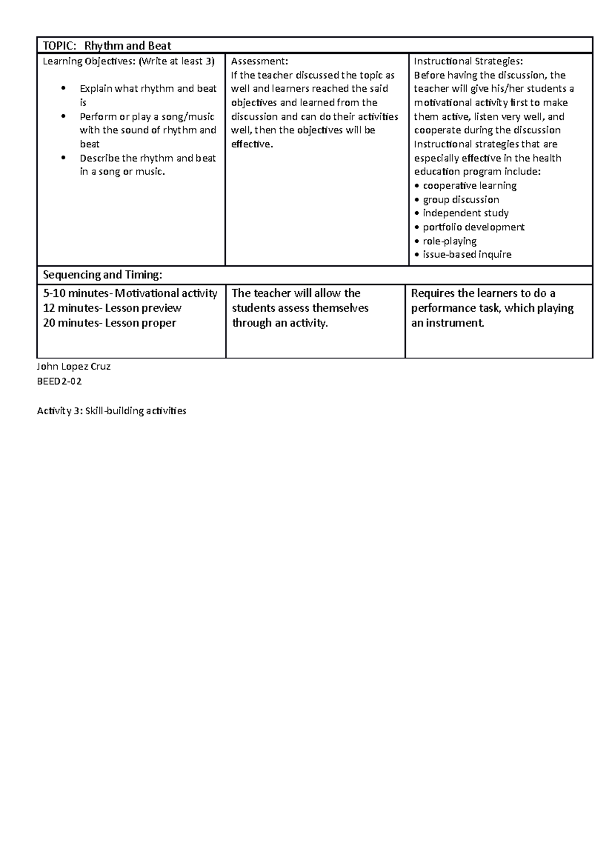 Activity 3 - TOPIC: Rhythm and Beat Learning Objectives: (Write at ...