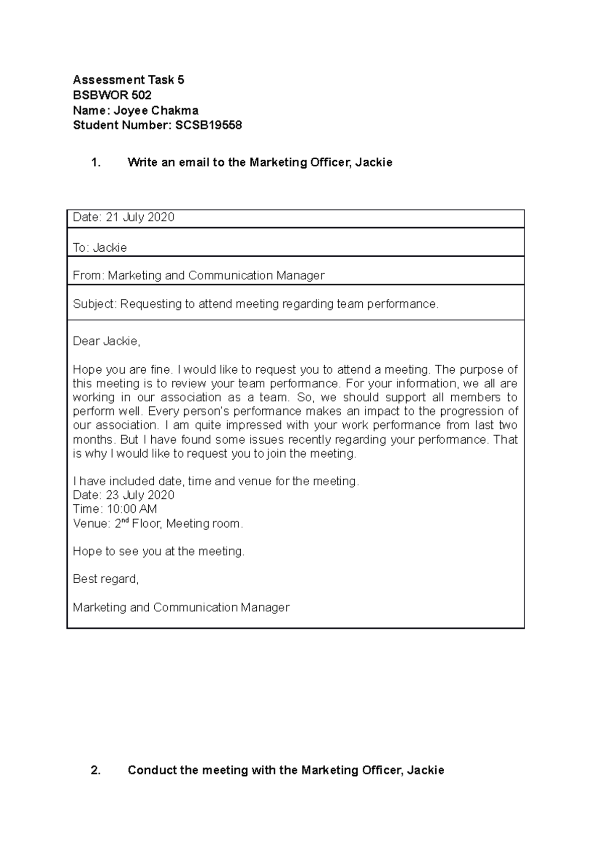 Team perfomance mail to employee - Assessment Task 5 BSBWOR 502 Name ...