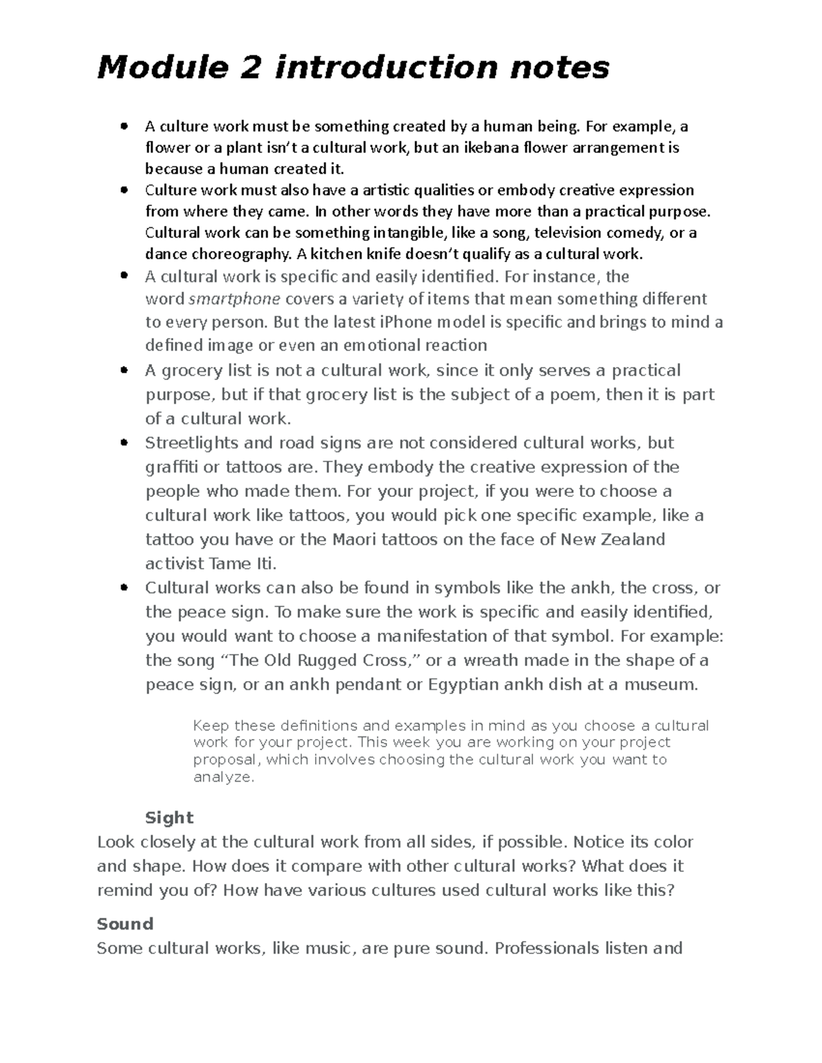 Notes on humanaties - Module 2 introduction notes A culture work must ...