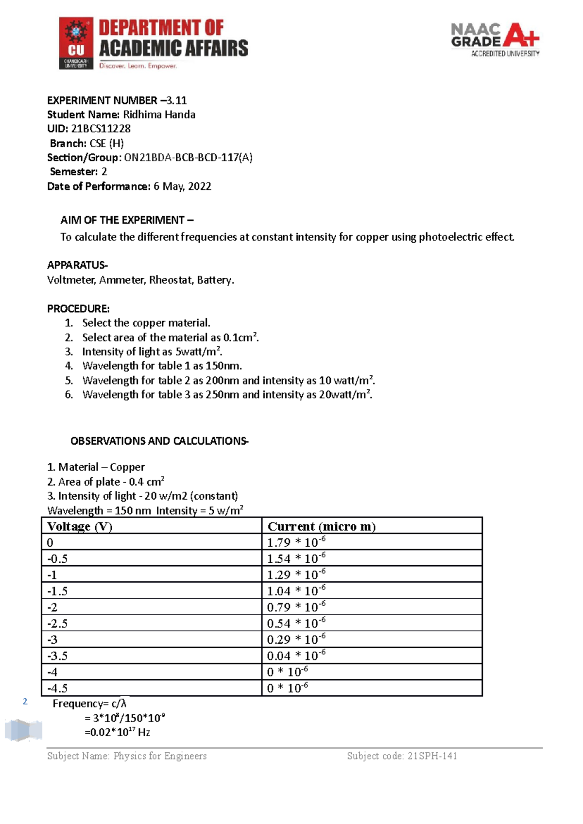 worksheet of physics 4 - 2 EXPERIMENT NUMBER –3. Student Name: Ridhima ...