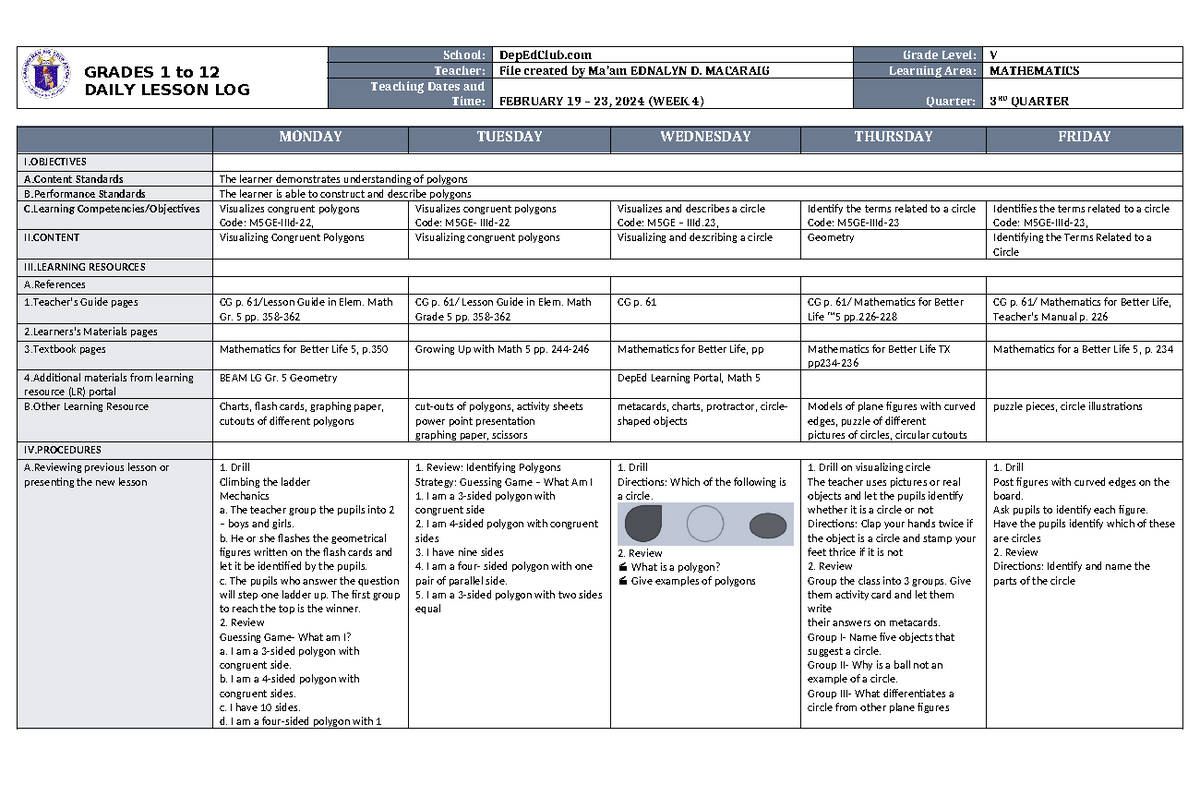 DLL Mathematics 5 Q3 W4 - GRADES 1 to 12 DAILY LESSON LOG School ...