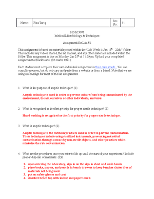 Lab 6 assignment Bb - Name: Fiza Tariq Sec. No.: 51 Medical Microbiology & Techniques Assignment ...