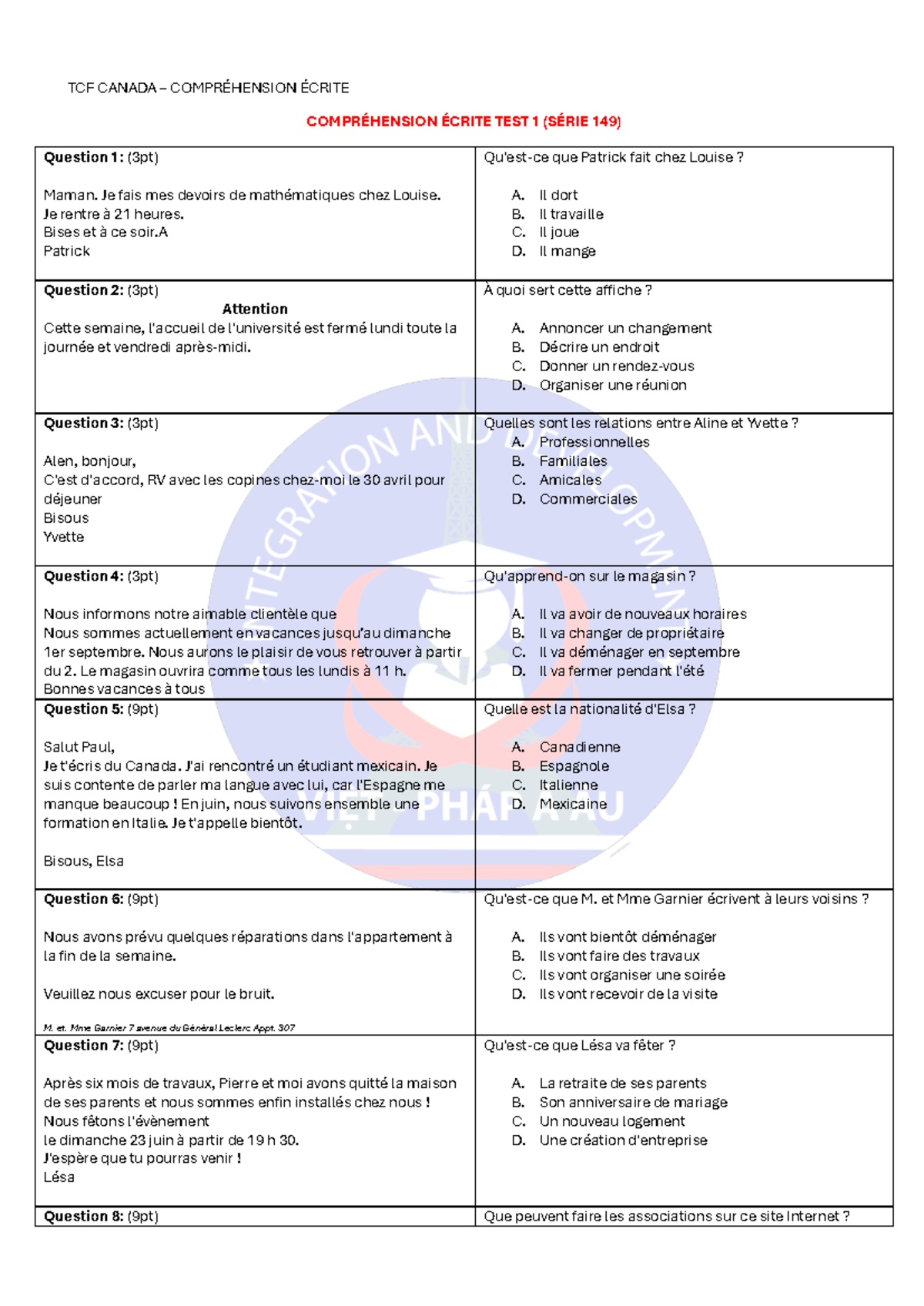 Test 1 CE TCF Canada - TCF CANADA – COMPRÉHENSION ÉCRITE COMPRÉHENSION ...