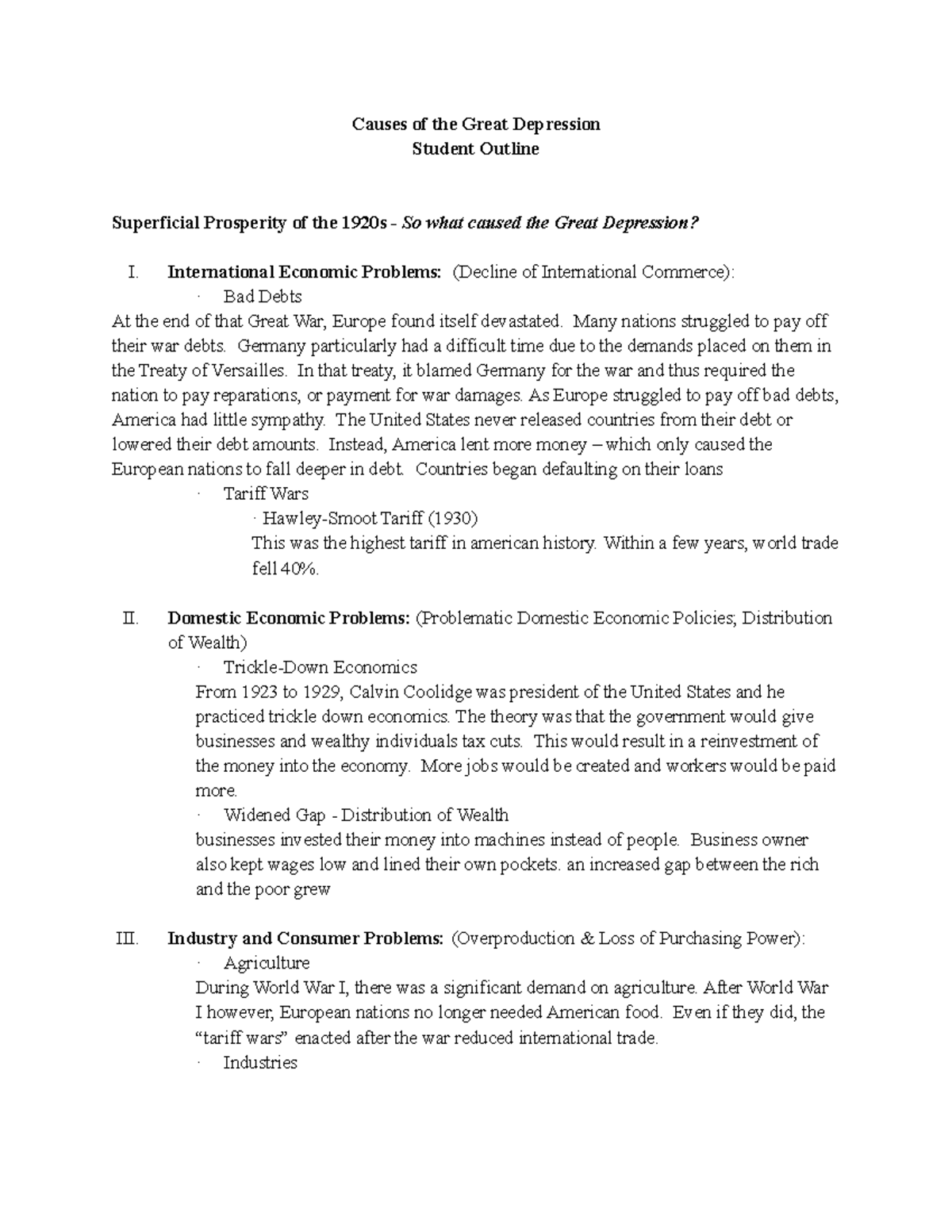 Causes of the Great Depression - Causes of the Great Depression Student ...