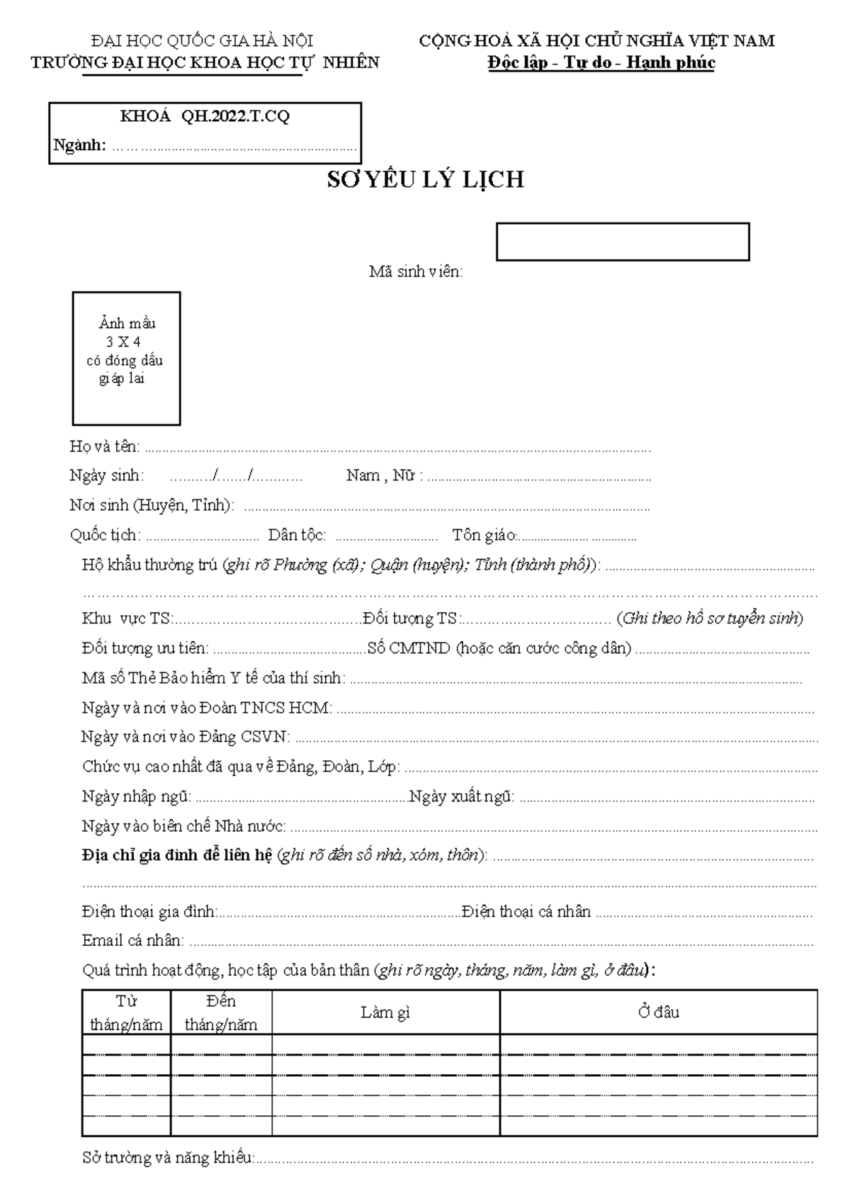 03.Mau ly lich 2022 K67 - ABC - ĐẠI HỌC QUỐC GIA HÀ NỘI CỘNG HOÀ XÃ HỘI ...