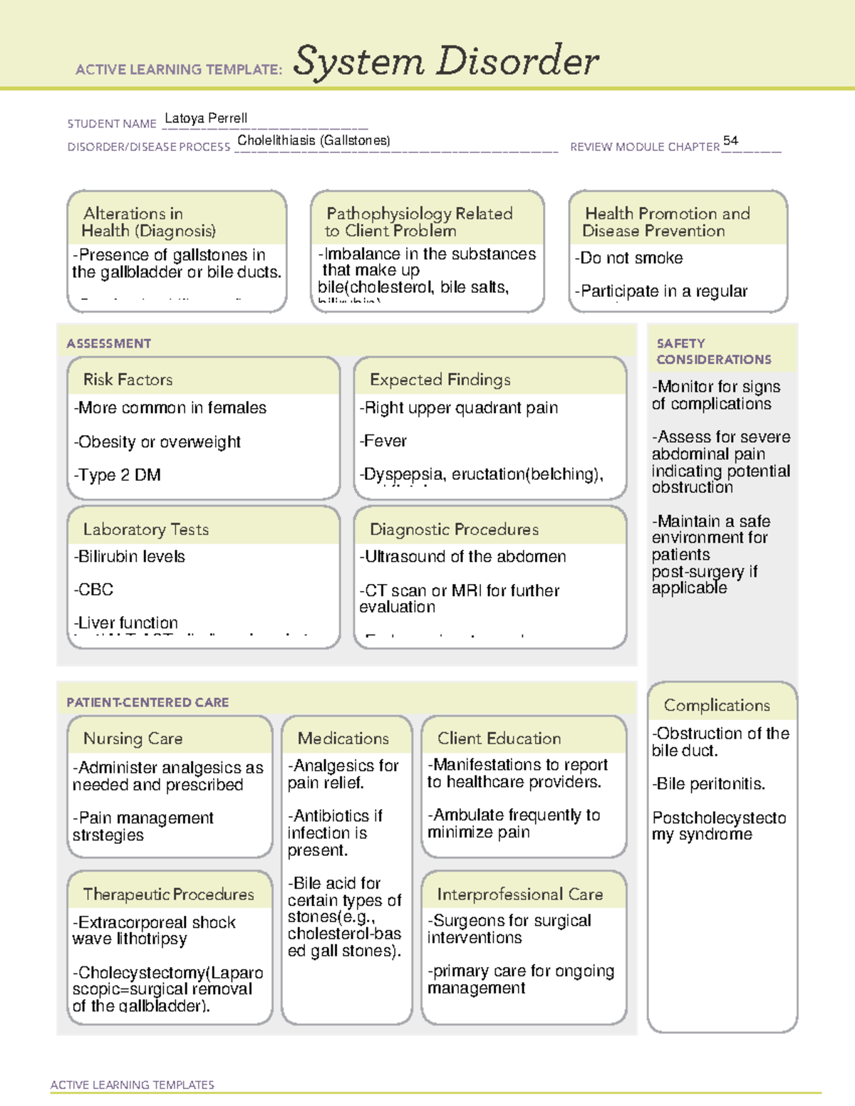 Disease Diagnosis Concept Map ATI Cholelithiasis - ACTIVE LEARNING ...
