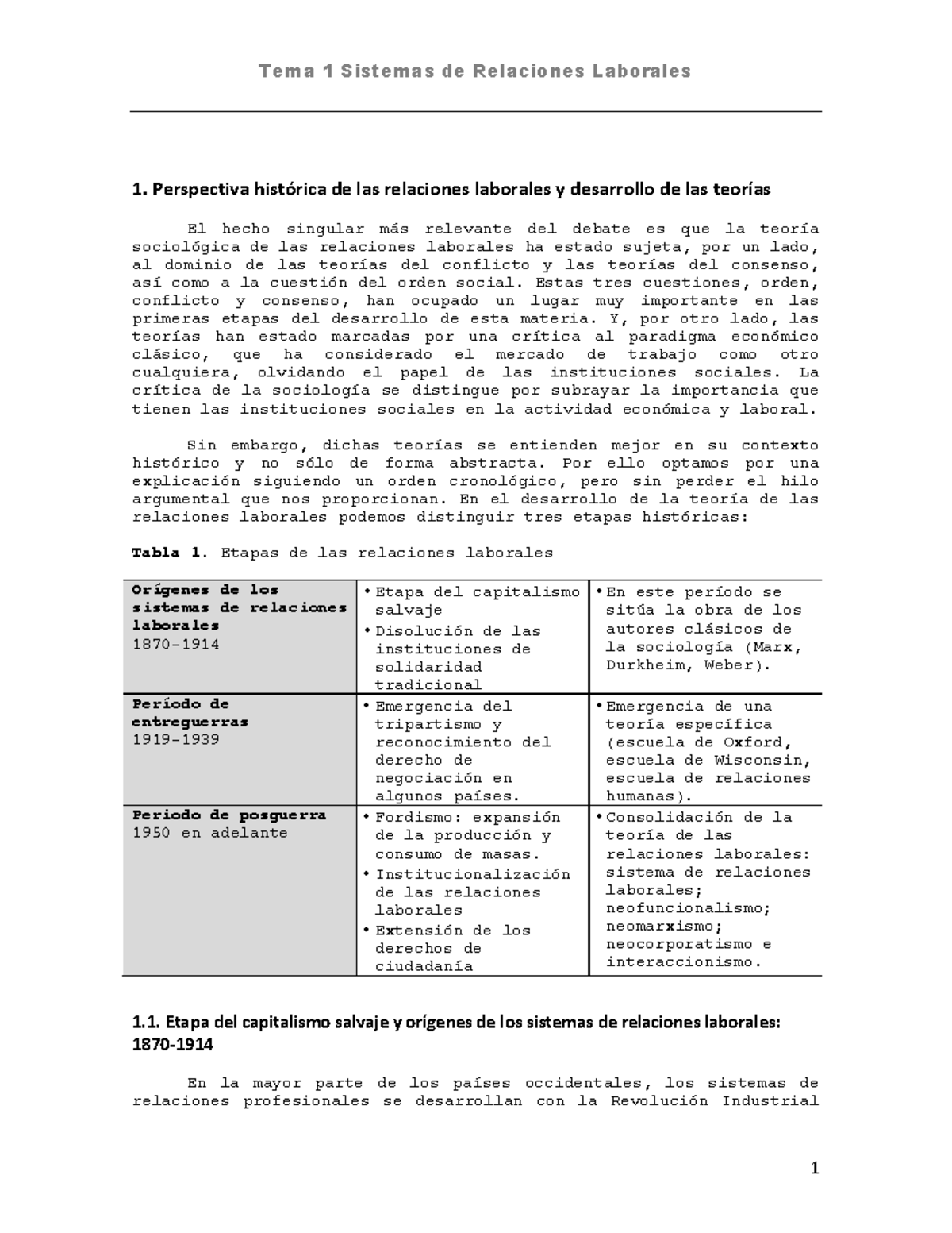 Tema 1 SISTEMAS EN RELACIONES LABORALES fusionado - 1. Perspectiva histórica de las relaciones ...