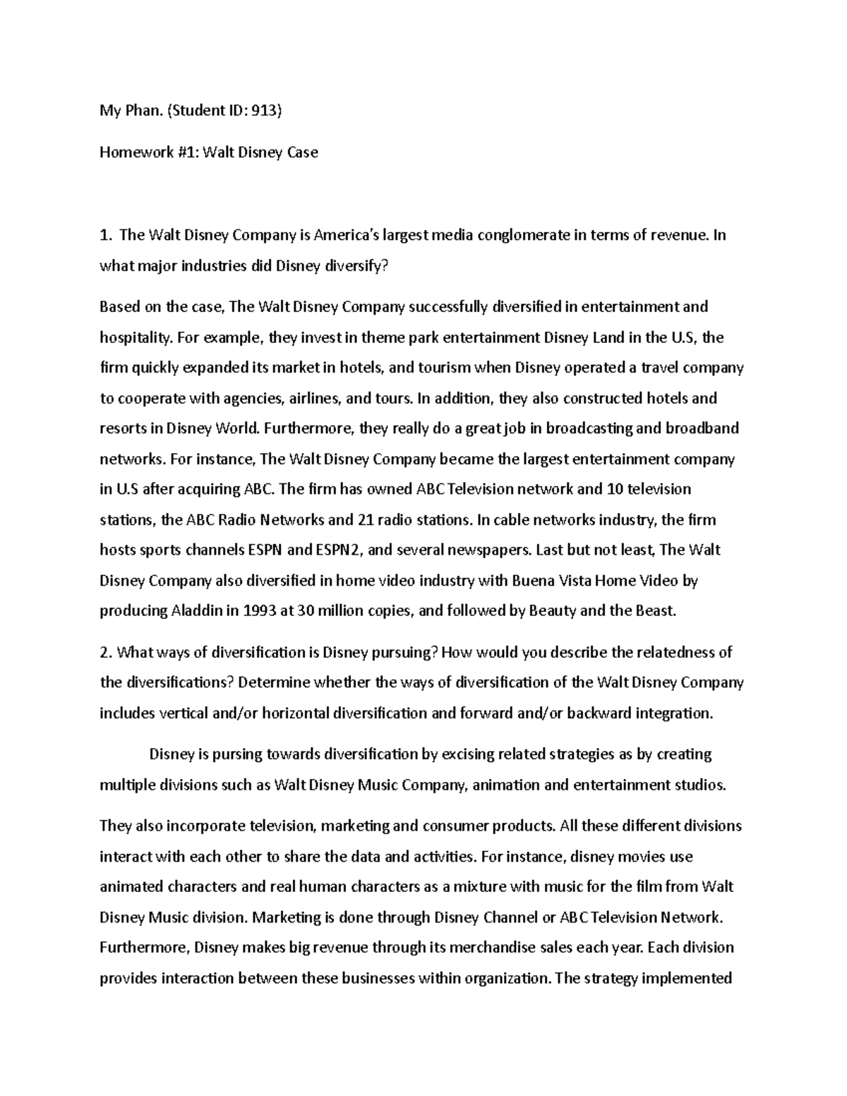 Walt Disney Homework - My Phan. (Student ID: 913) Homework #1: Walt ...