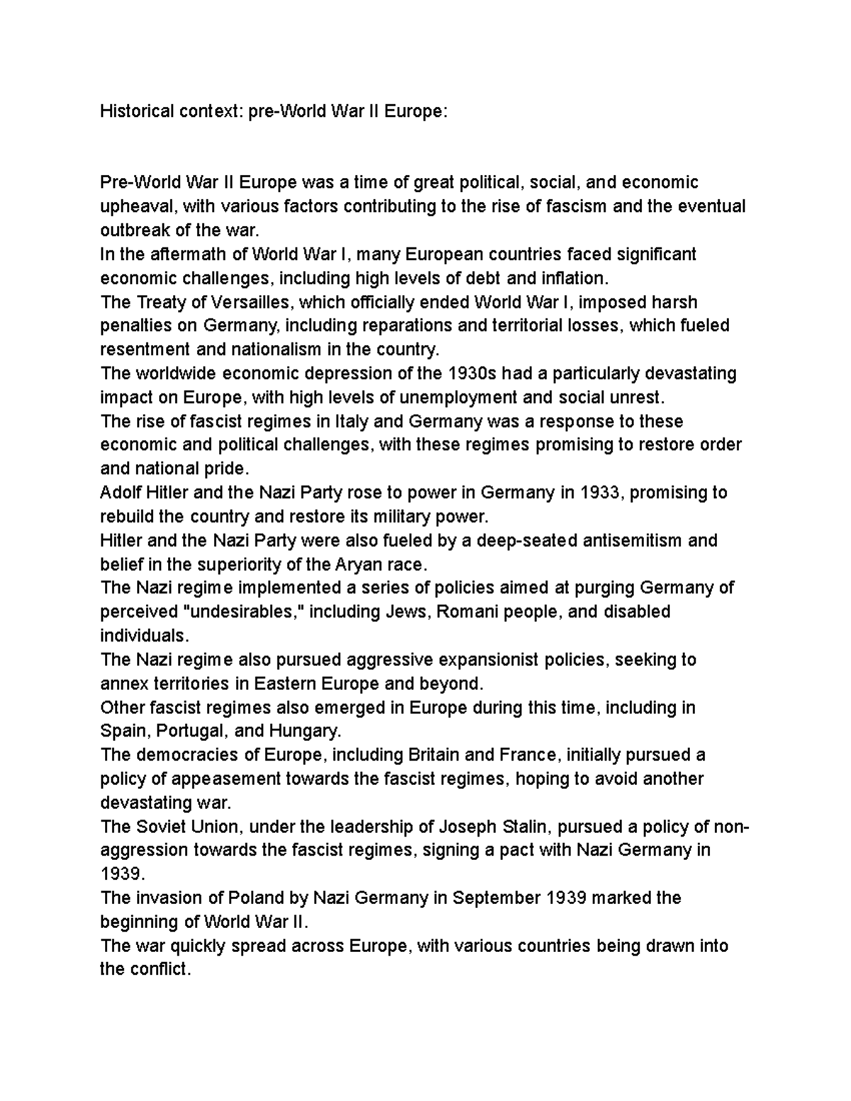 Historical context pre-World War II Europe - Historical context: pre ...