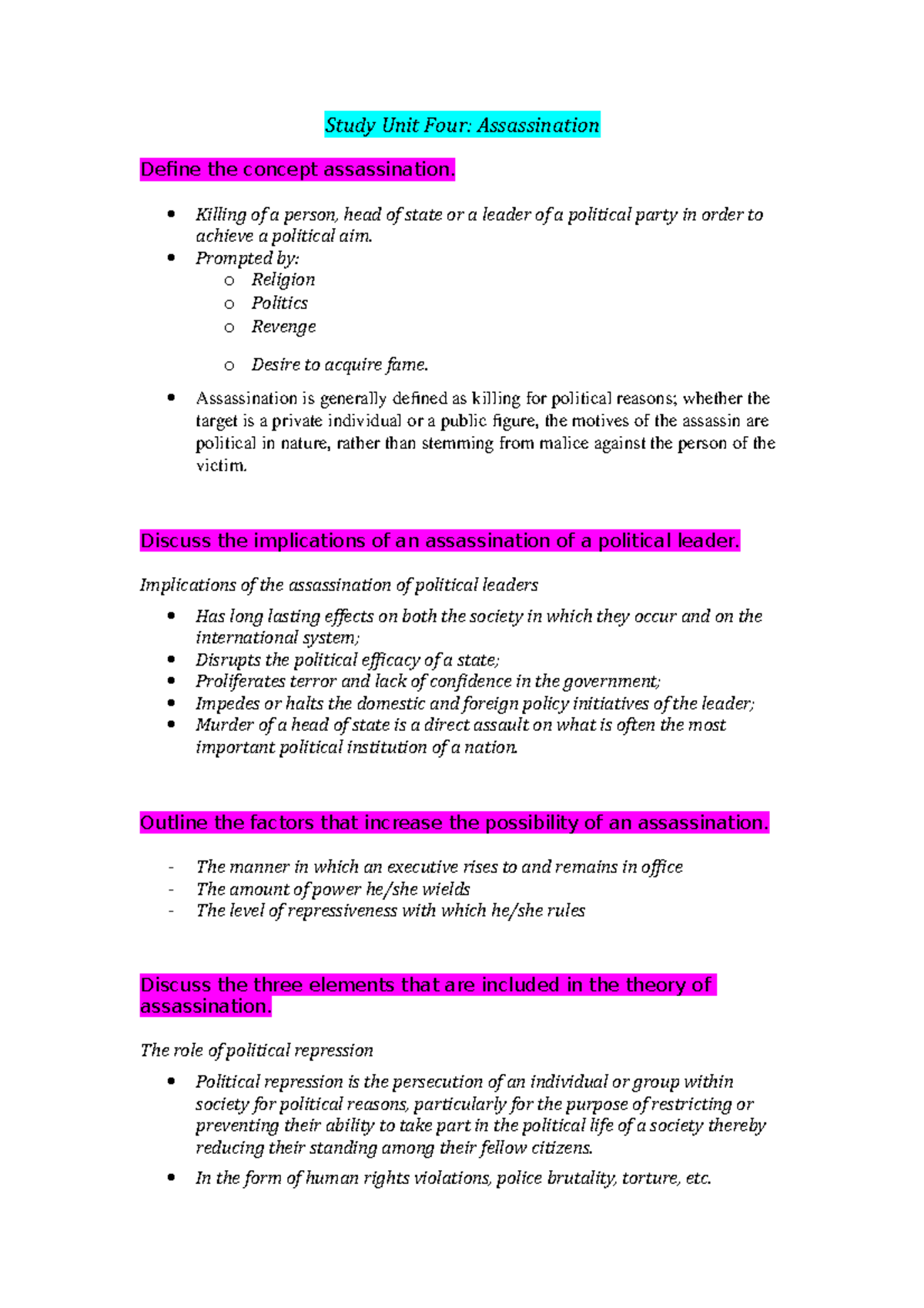 Docx (12) - Summary Criminology - Study Unit Four: Assassination Define ...