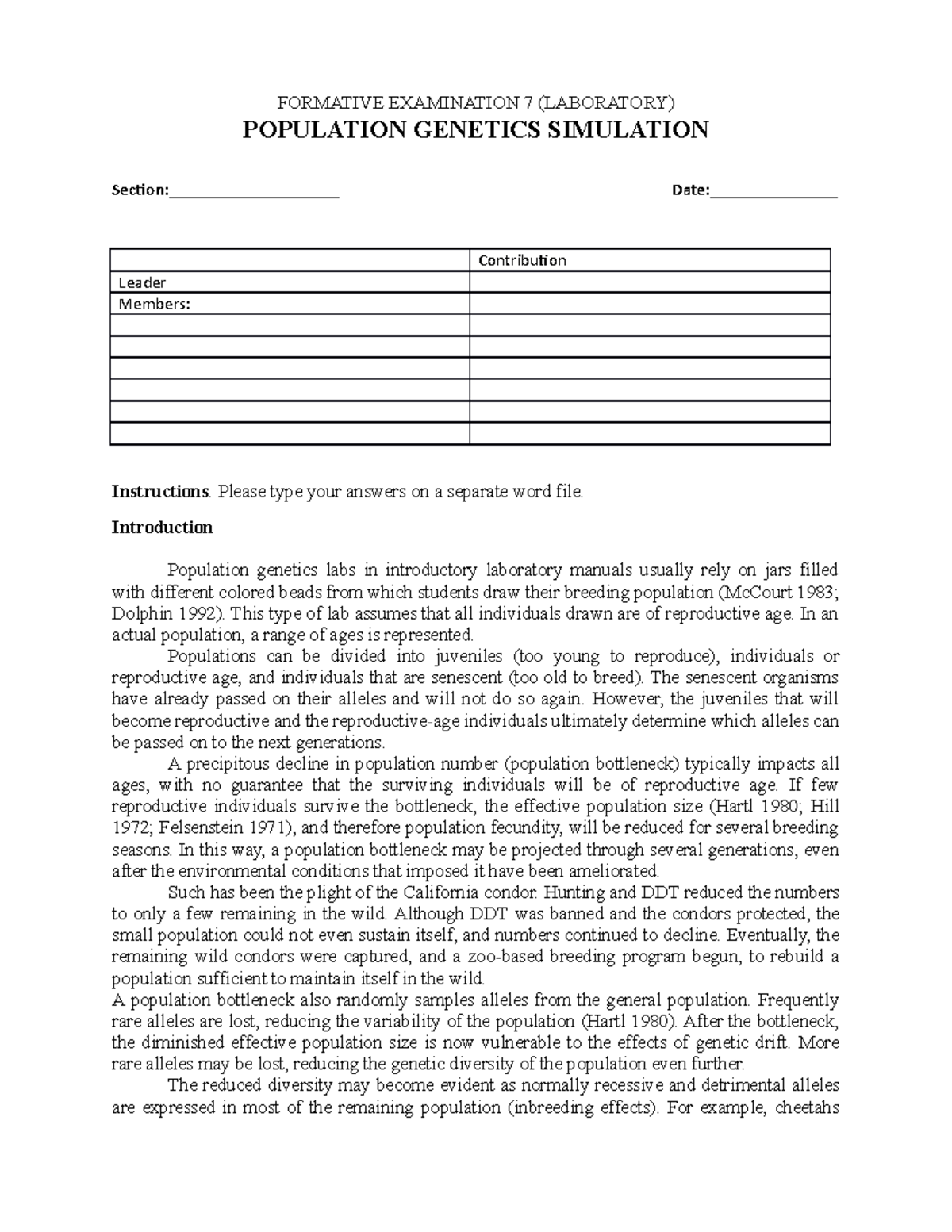 FA 7 - A Population Genetics Simulation - FORMATIVE EXAMINATION 7 ...