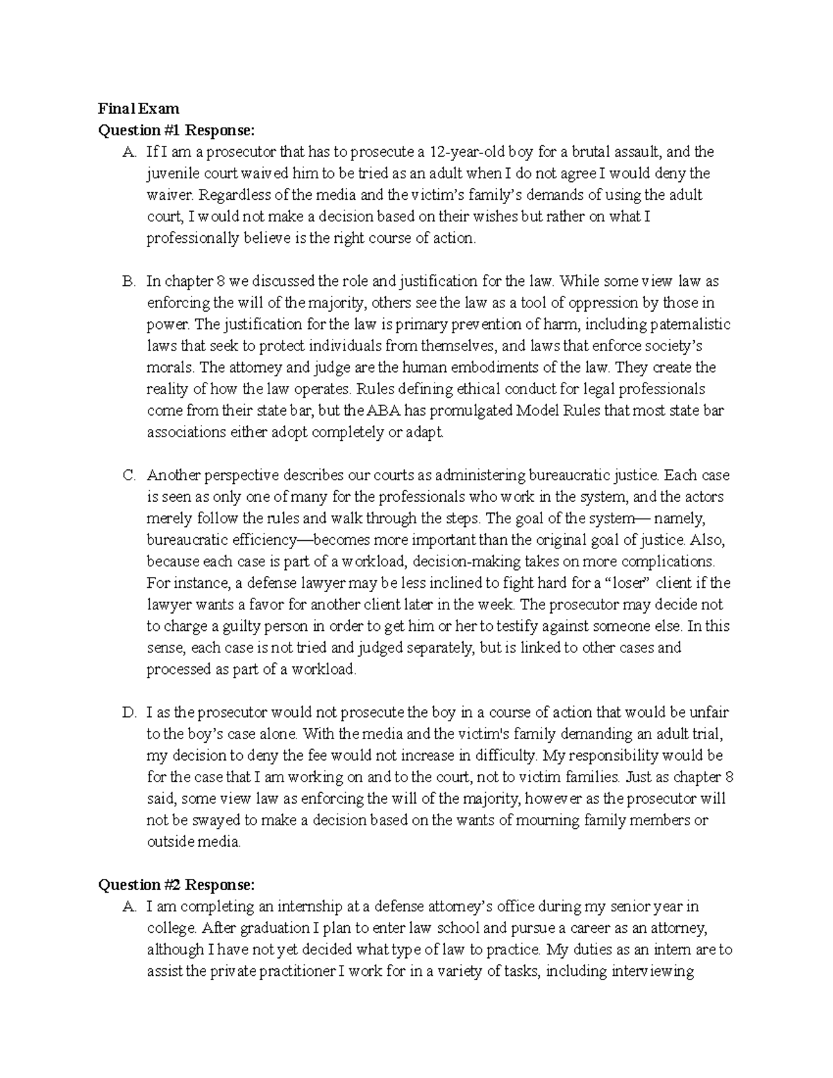 Final Exam - Essay Question (Chapters 8-14) Chapter 8 – Law and Legal ...