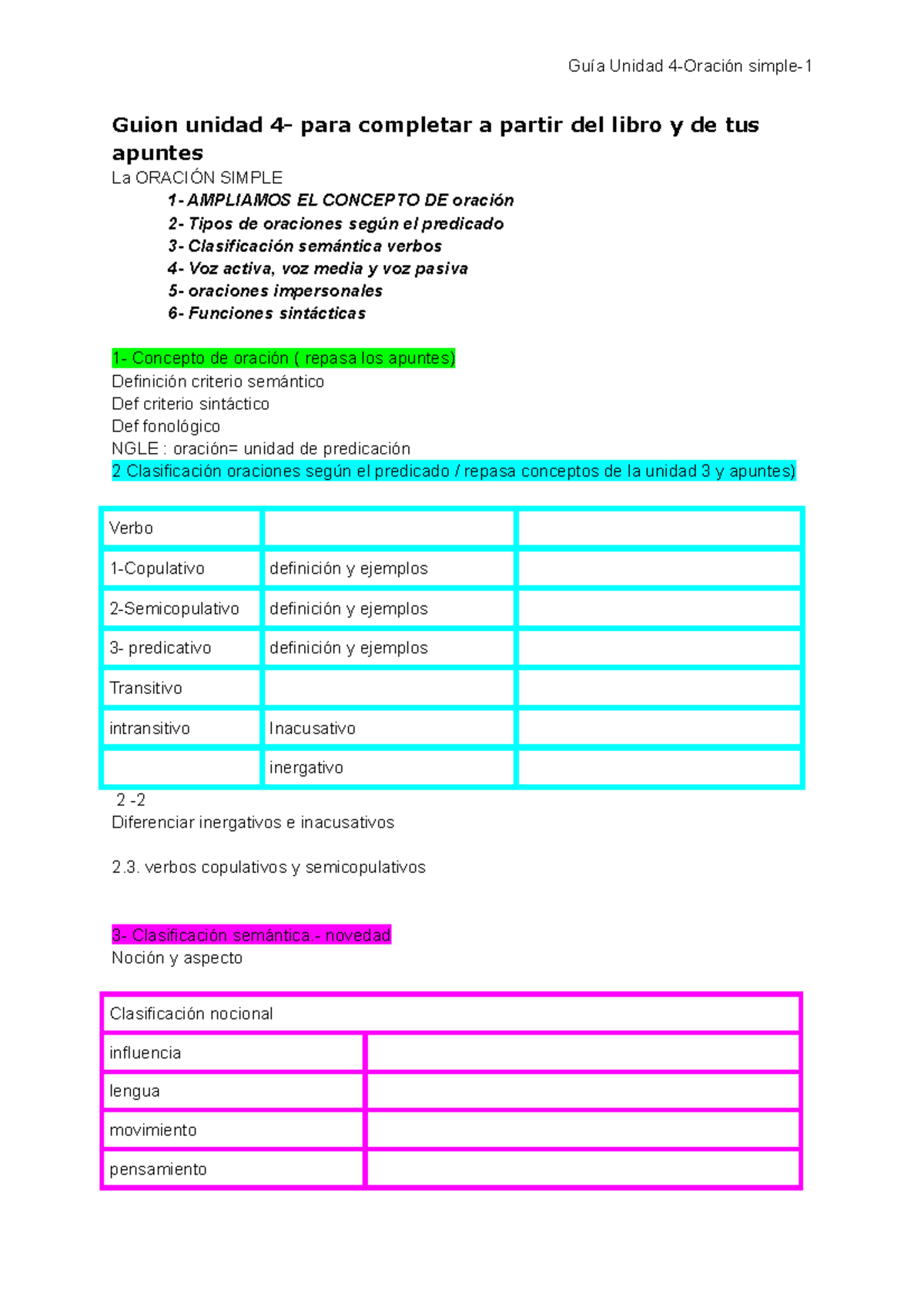 Guion unidad 4- oración simple - Guion unidad 4- para completar a ...