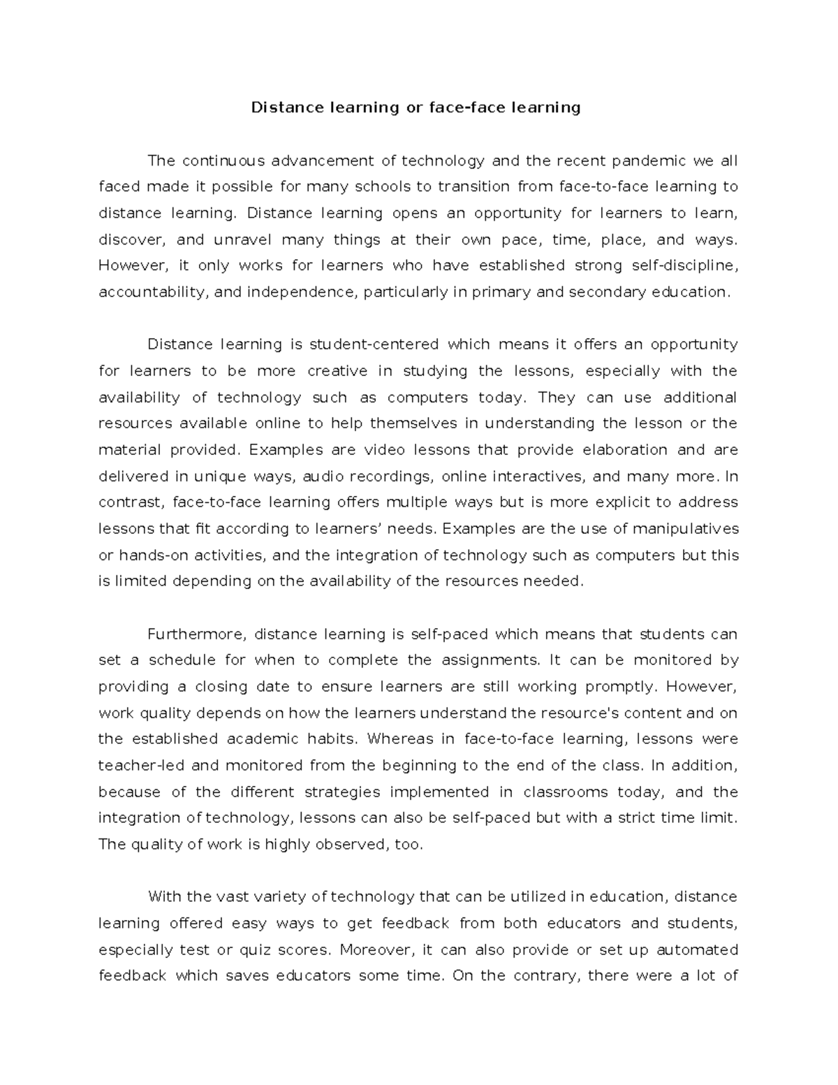 Unit 5 Written Assignment Essay - Distance learning or face-face ...