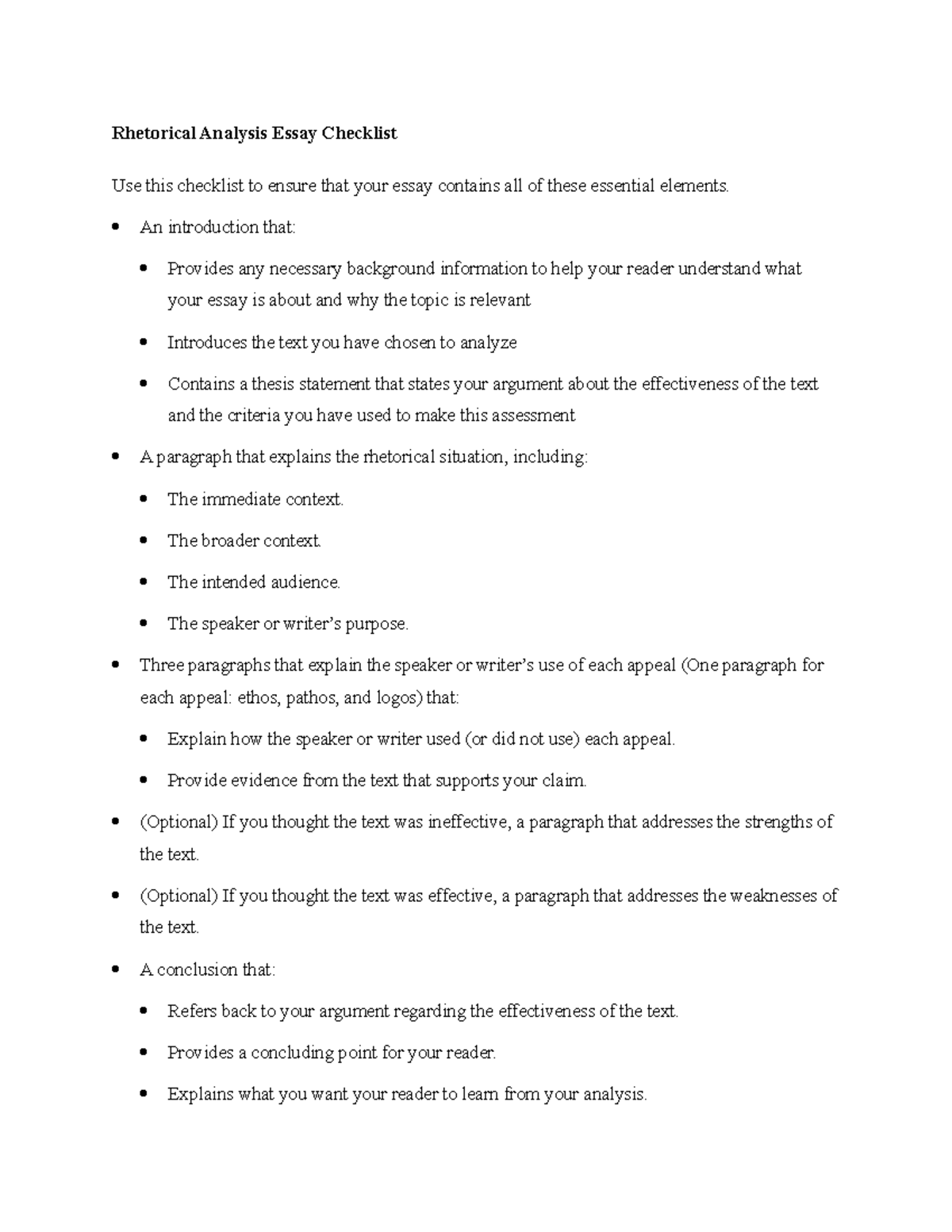Rhetorical analysis essay checklist - ENG-105 - GCU - Studocu