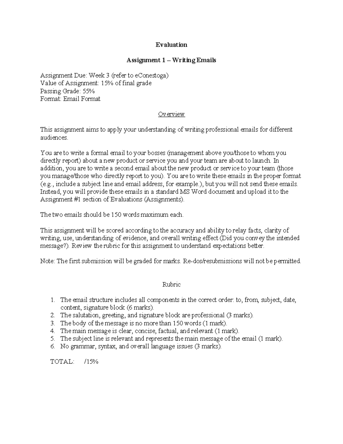Assignment #1 - Email 2023 - Evaluation Assignment 1 – Writing Emails ...