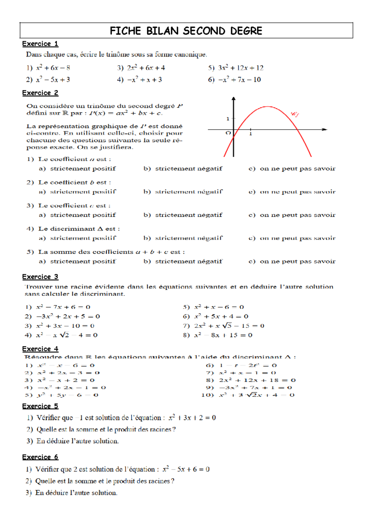 Fiche Bilan Second Degre - FICHE BILAN SECOND DEGRE Exercice Exercice ...