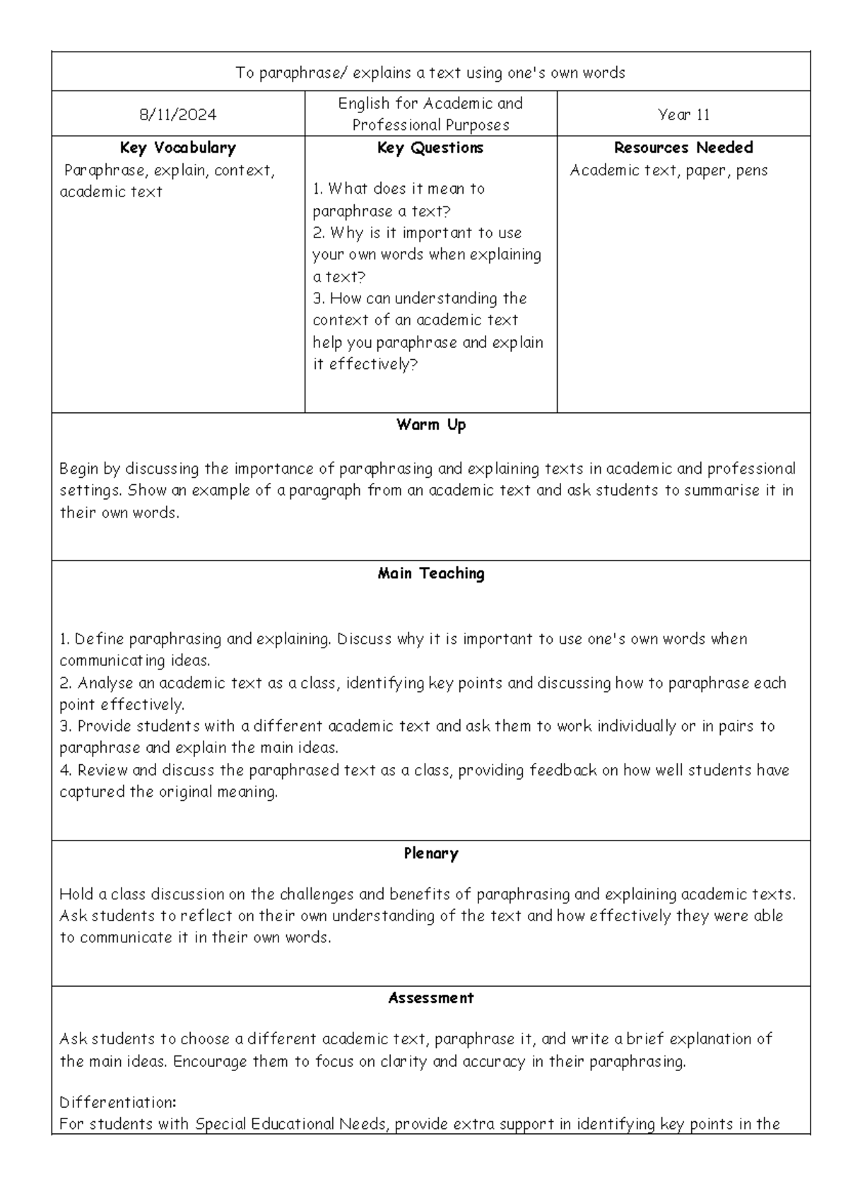 Year 11's To paraphrase explains a text using one's own words Lesson ...