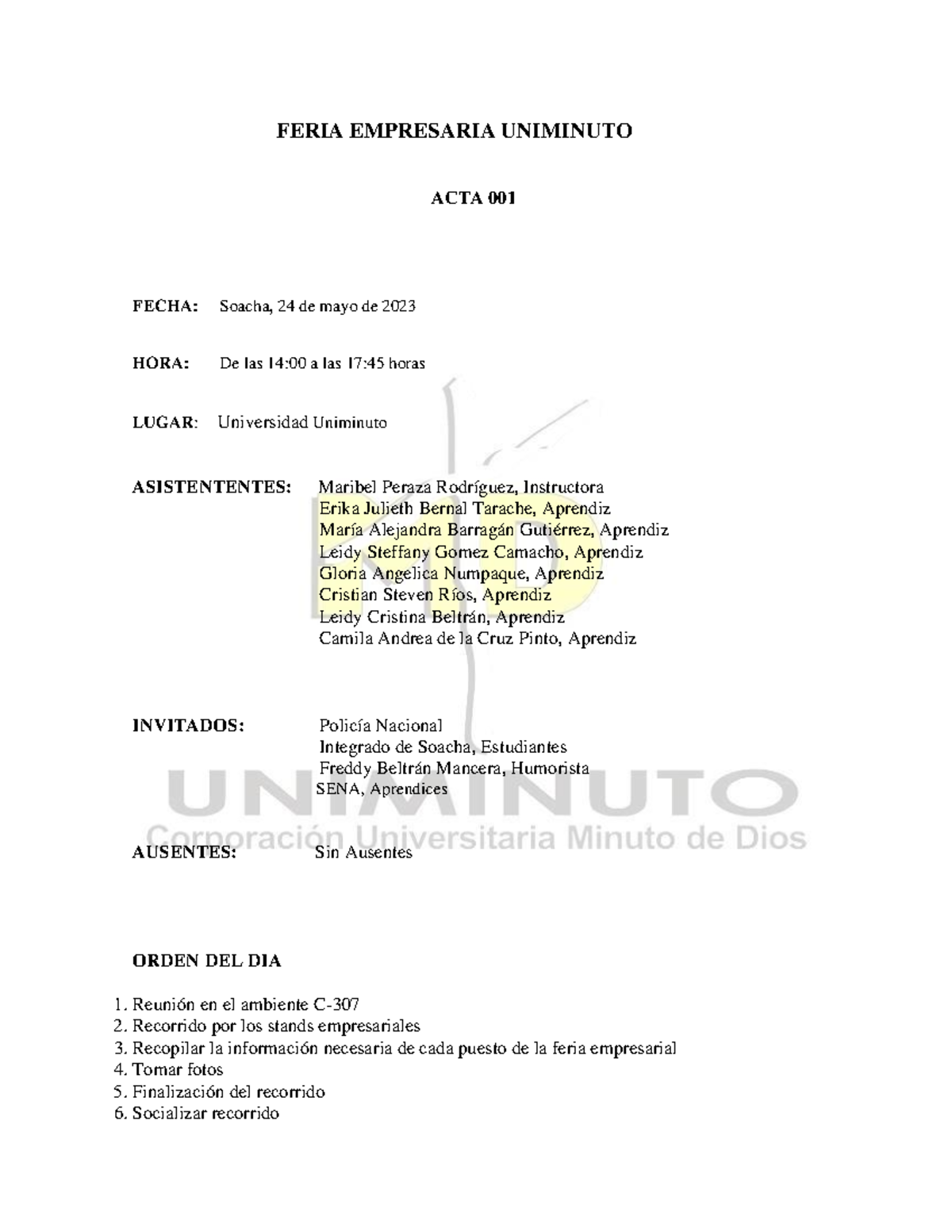 ACTA Leidy Steffany Gomez Camacho - FERIA EMPRESARIA UNIMINUTO ACTA 001 FECHA: Soacha, 24 de ...