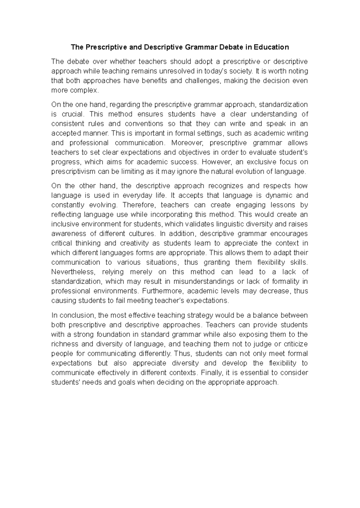 The Prescriptive and Descriptive Grammar Debate in Education ...