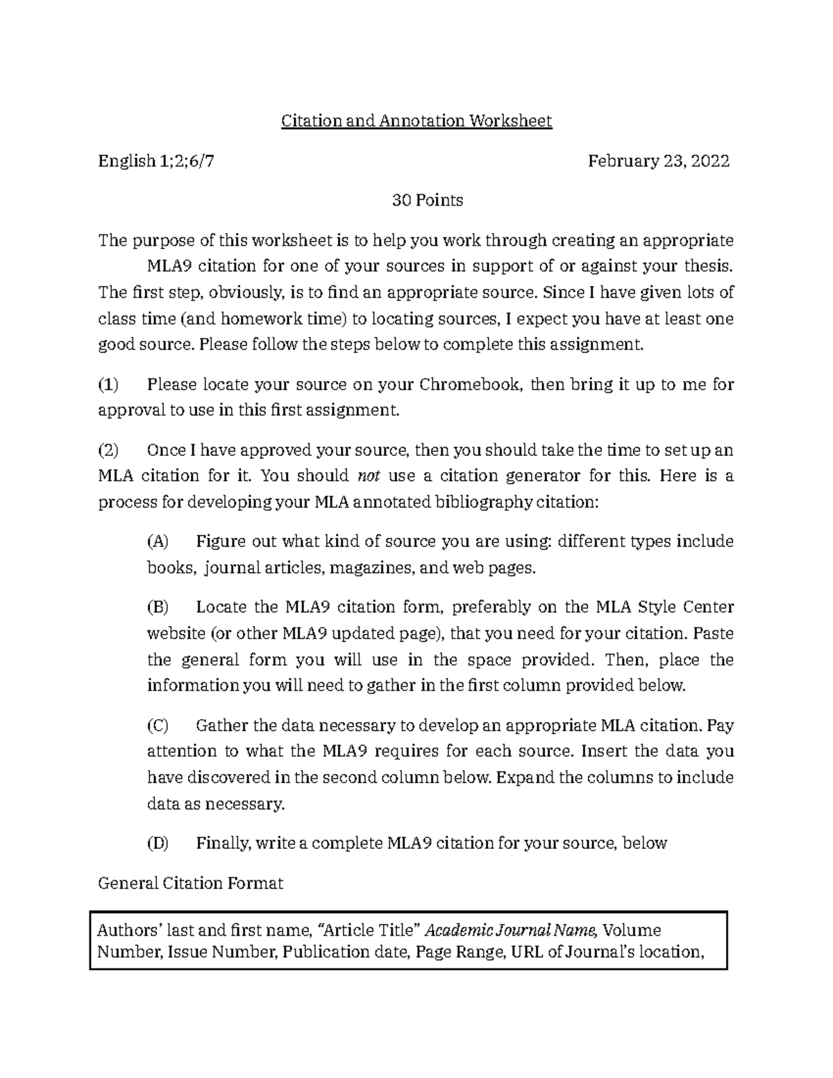 - Citation and Annotation Worksheet - Citation and Annotation Worksheet ...