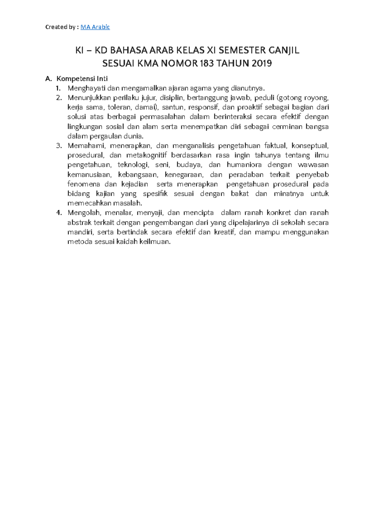 KI-KD Bahasa ARAB Kelas XI Semester Ganjil - KI – KD BAHASA ARAB KELAS XI SEMESTER GANJIL SESUAI ...