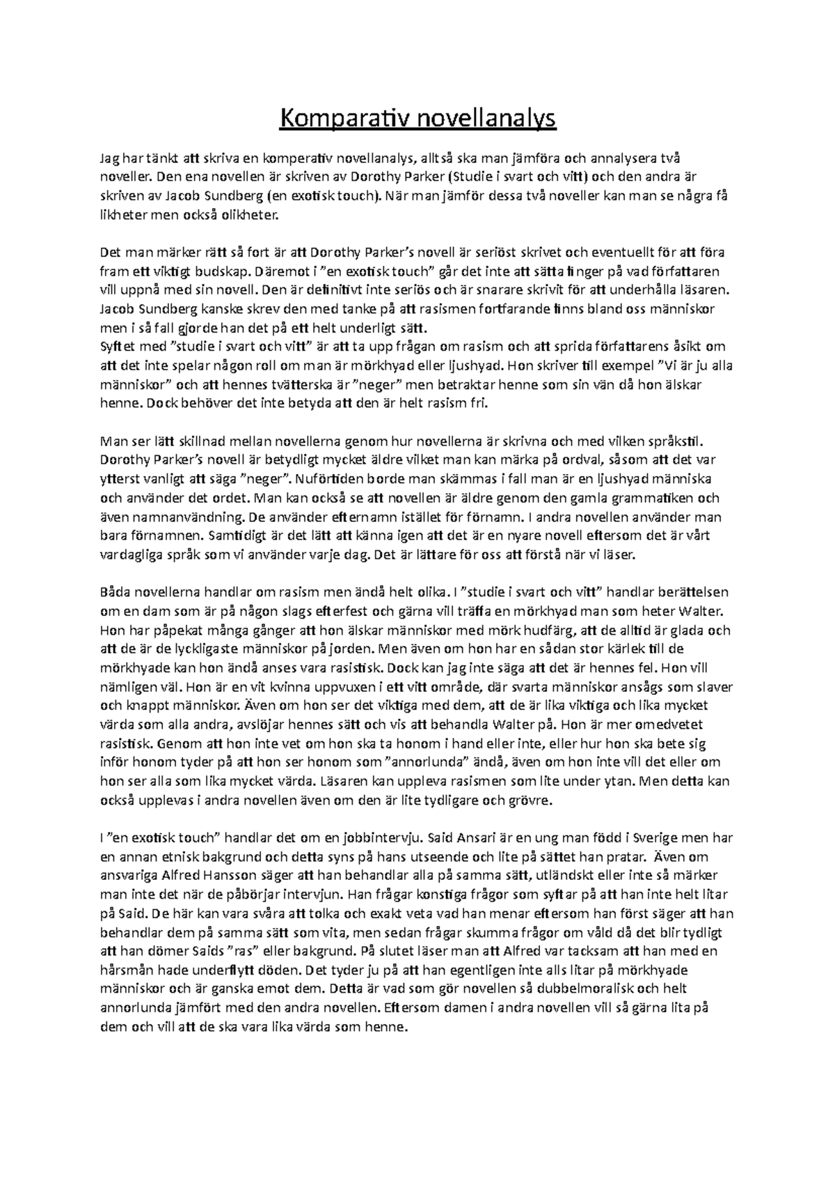 Komparativ novellanalys - Den ena novellen är skriven av Dorothy Parker ...