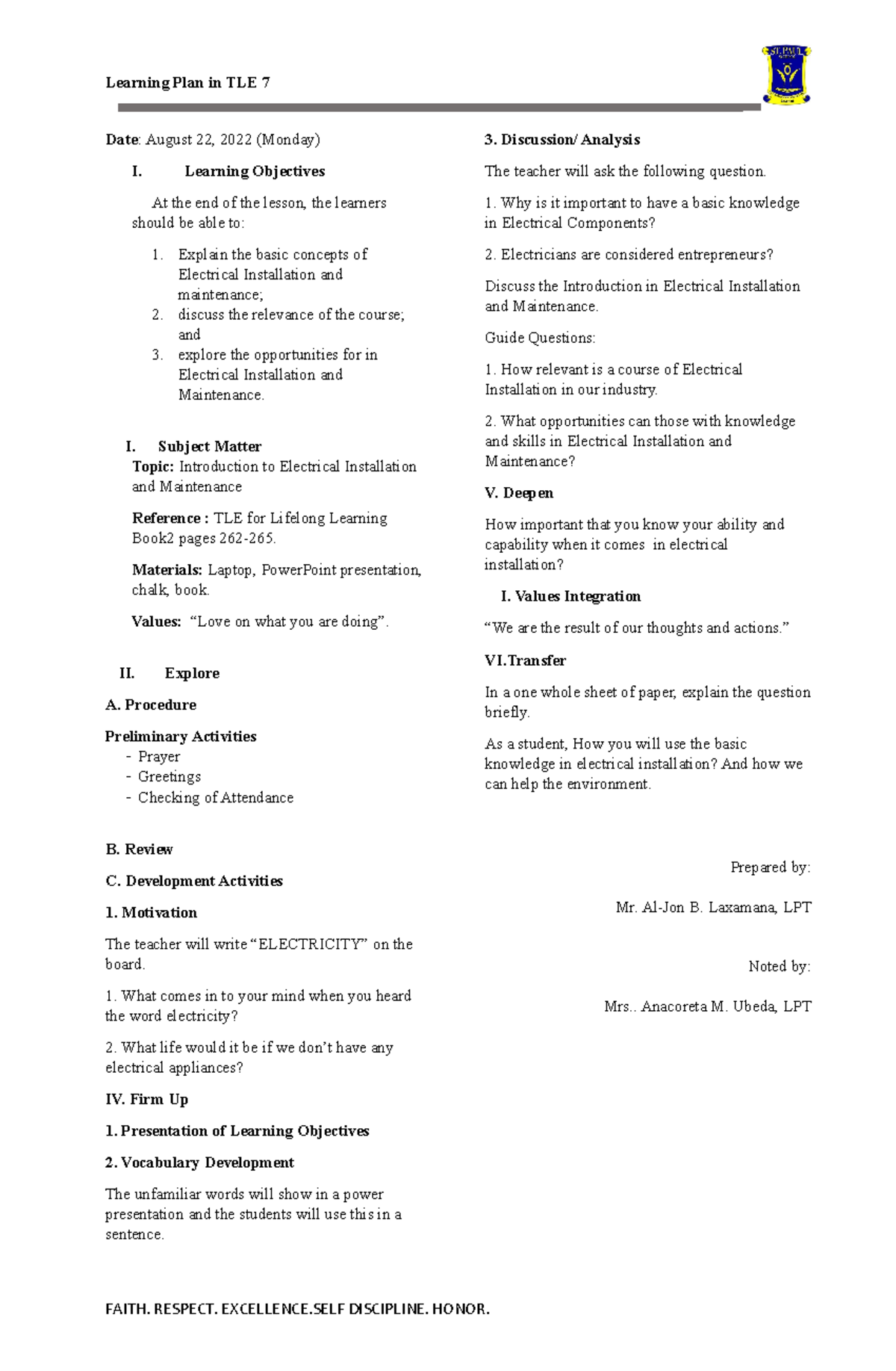 TLE 7 - reference. - Learning Plan in TLE 7 Date: August 22, 2022 ...