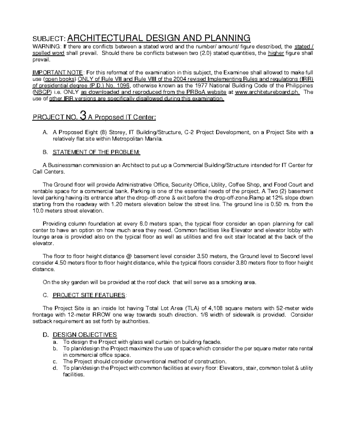 Project # 3-IT Center - Design Problem - SUBJECT: ARCHITECTURAL DESIGN ...