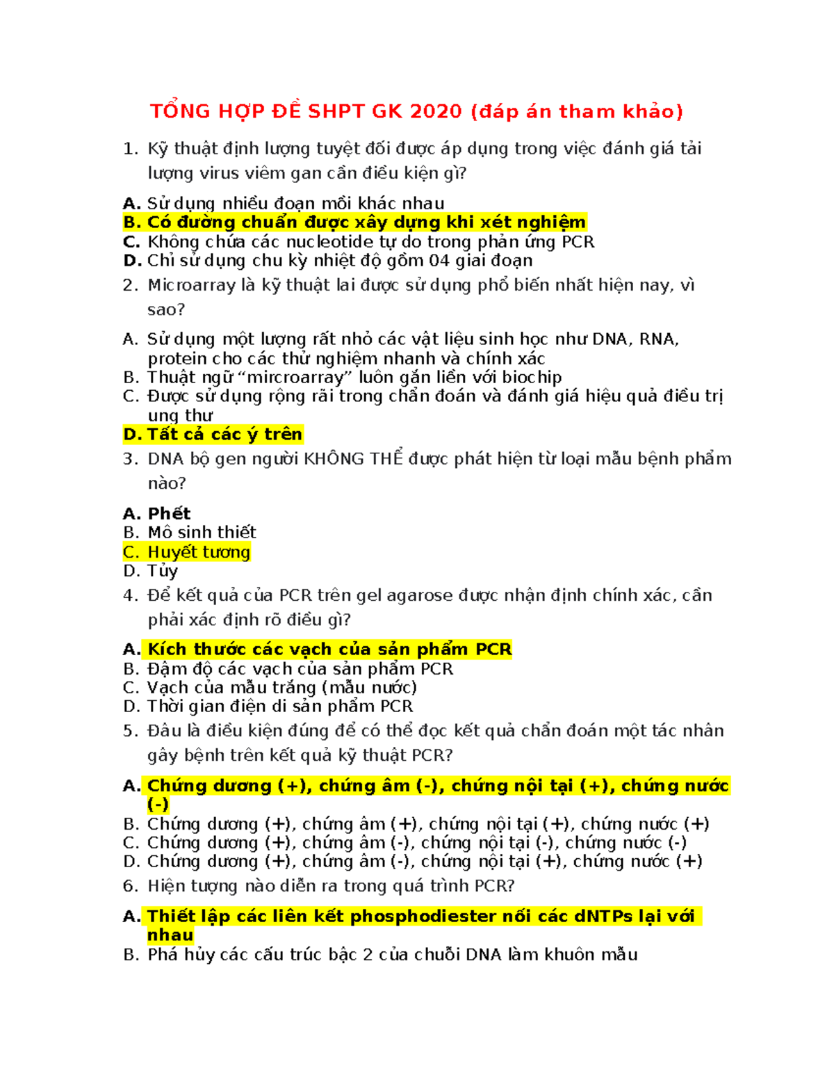 SHPT-5 - Đề cương y khoa - TỔNG HỢP ĐỀ SHPT GK 2020 (đáp án tham khảo) Kỹ thuật định lượng tuyệt ...