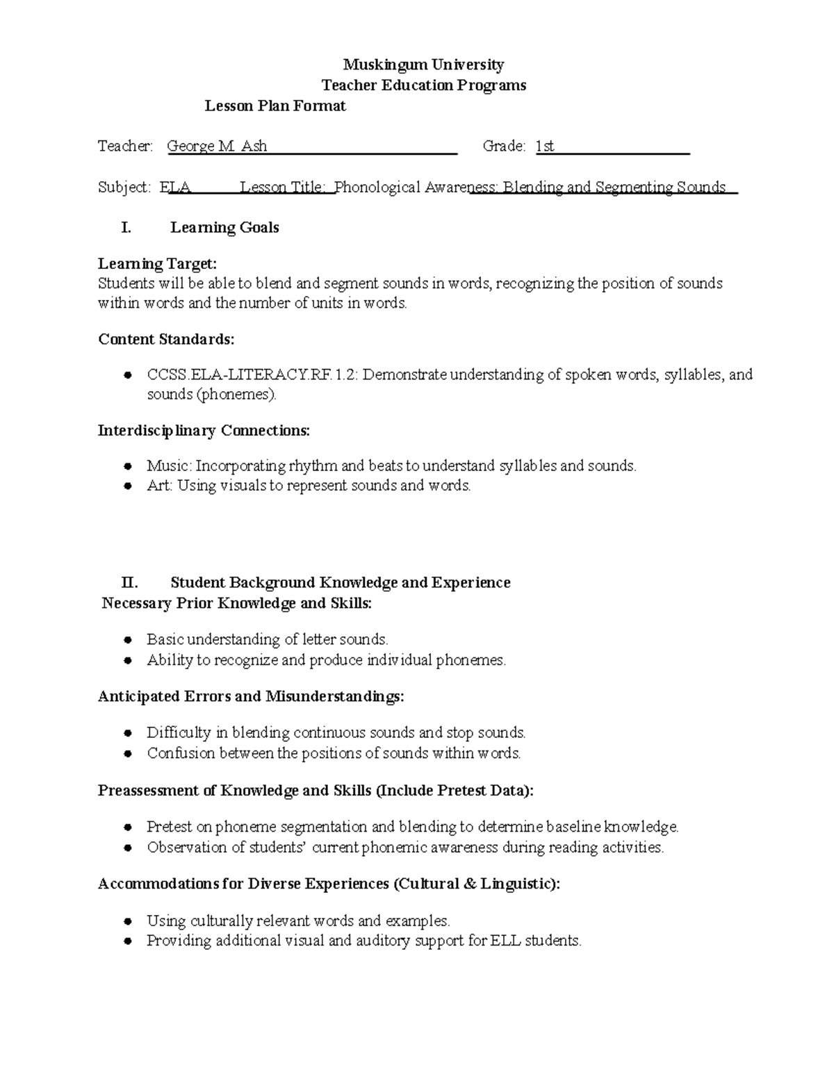 Phonological Awareness Lesson Plan - Muskingum University Teacher ...