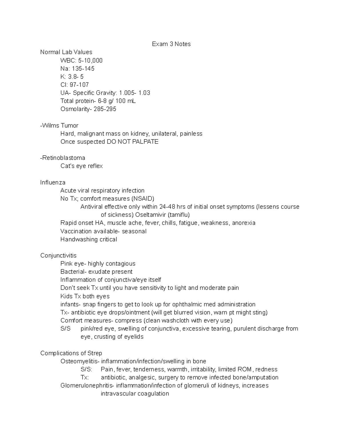 102 Peds Exam 3 Notes Exam 3 Notes Normal Lab Values WBC 5 10 Na