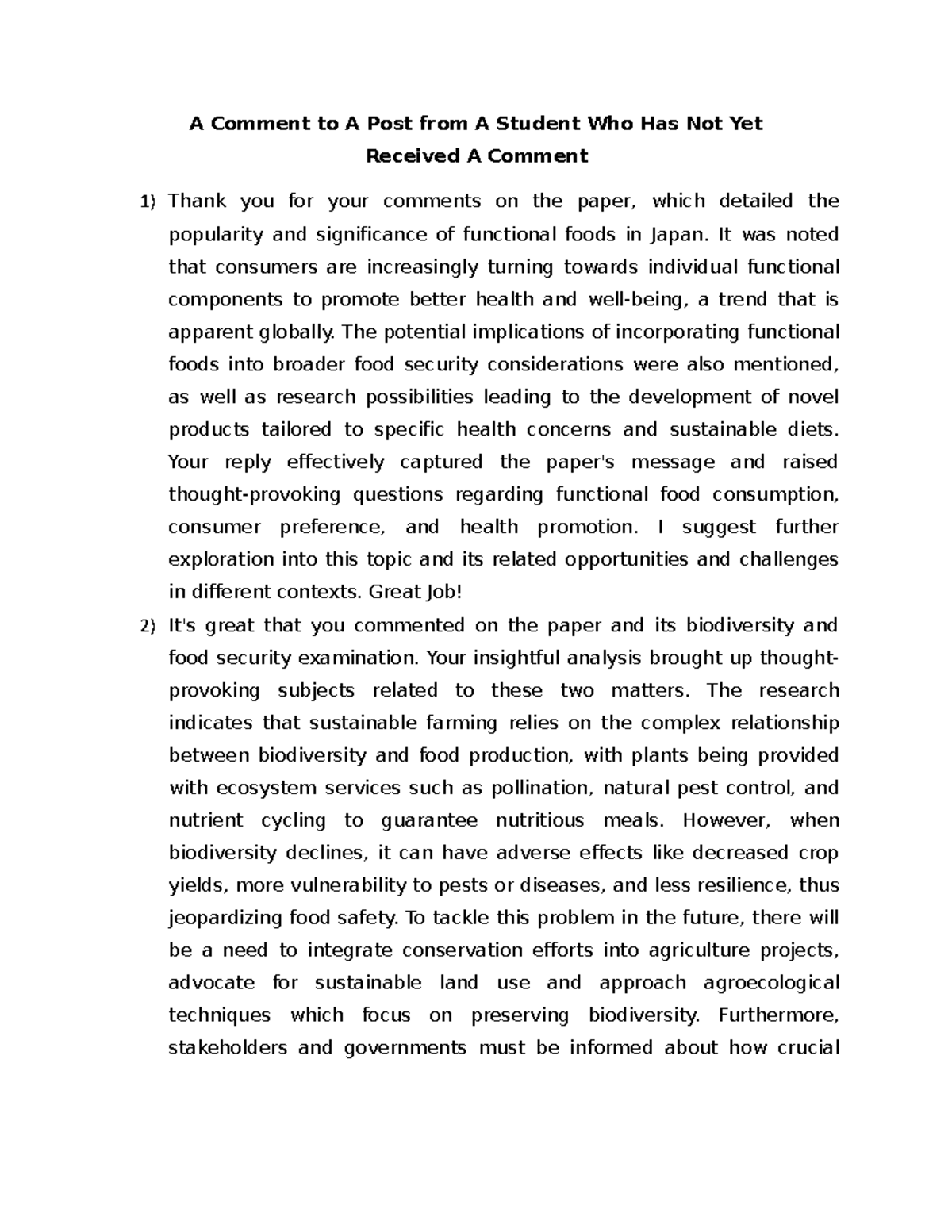 Student 3 - Assignment - A Comment to A Post from A Student Who Has Not ...