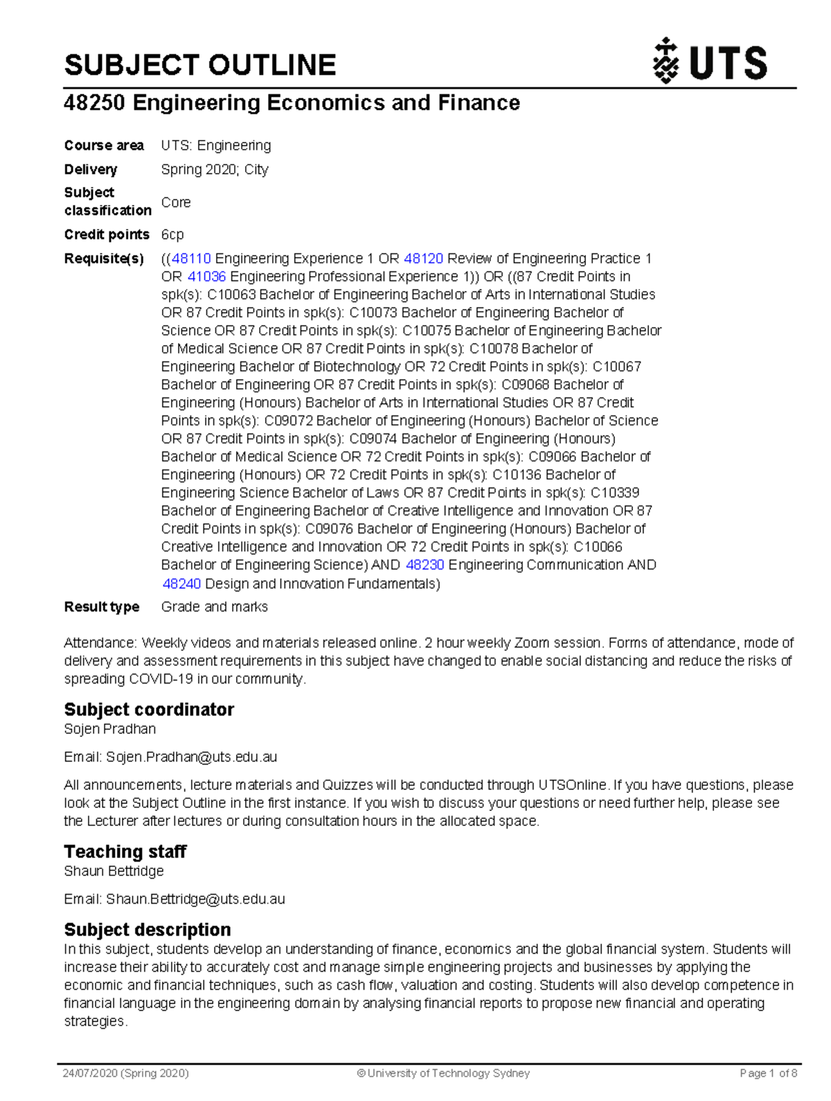 48250 UTS Spring 2020 Subject Outline - SUBJECT OUTLINE 48250 ...