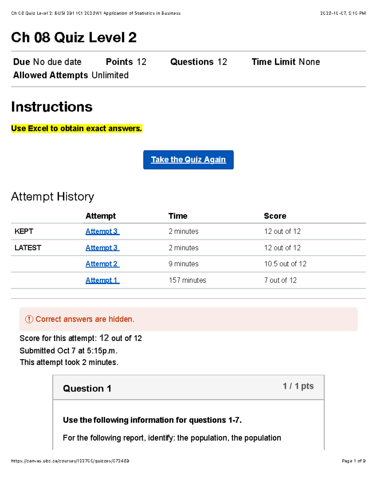 Ch 08 Quiz Level 2: BUSI 291 101 2023W1 Application of Statistics in ...