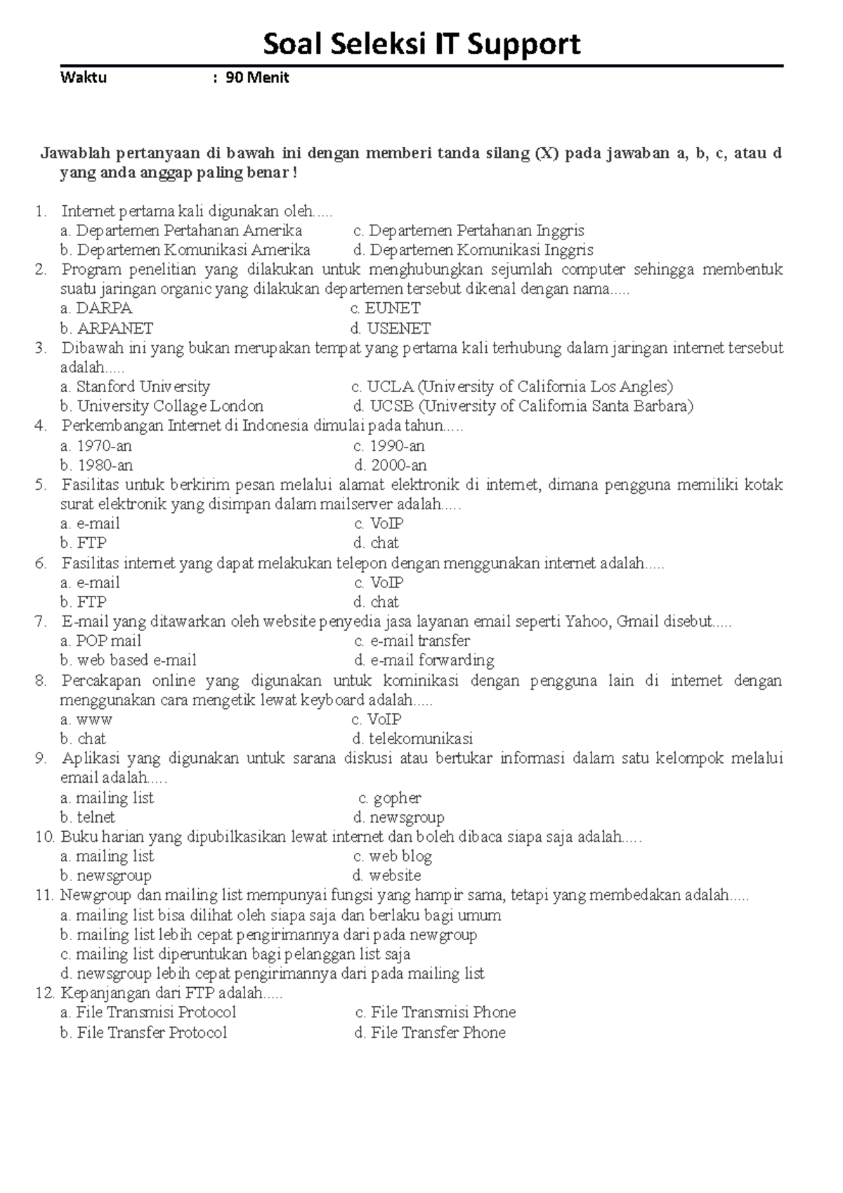 Soal Seleksi IT Support Waktu 90 Menit - Soal Seleksi IT Support Waktu ...
