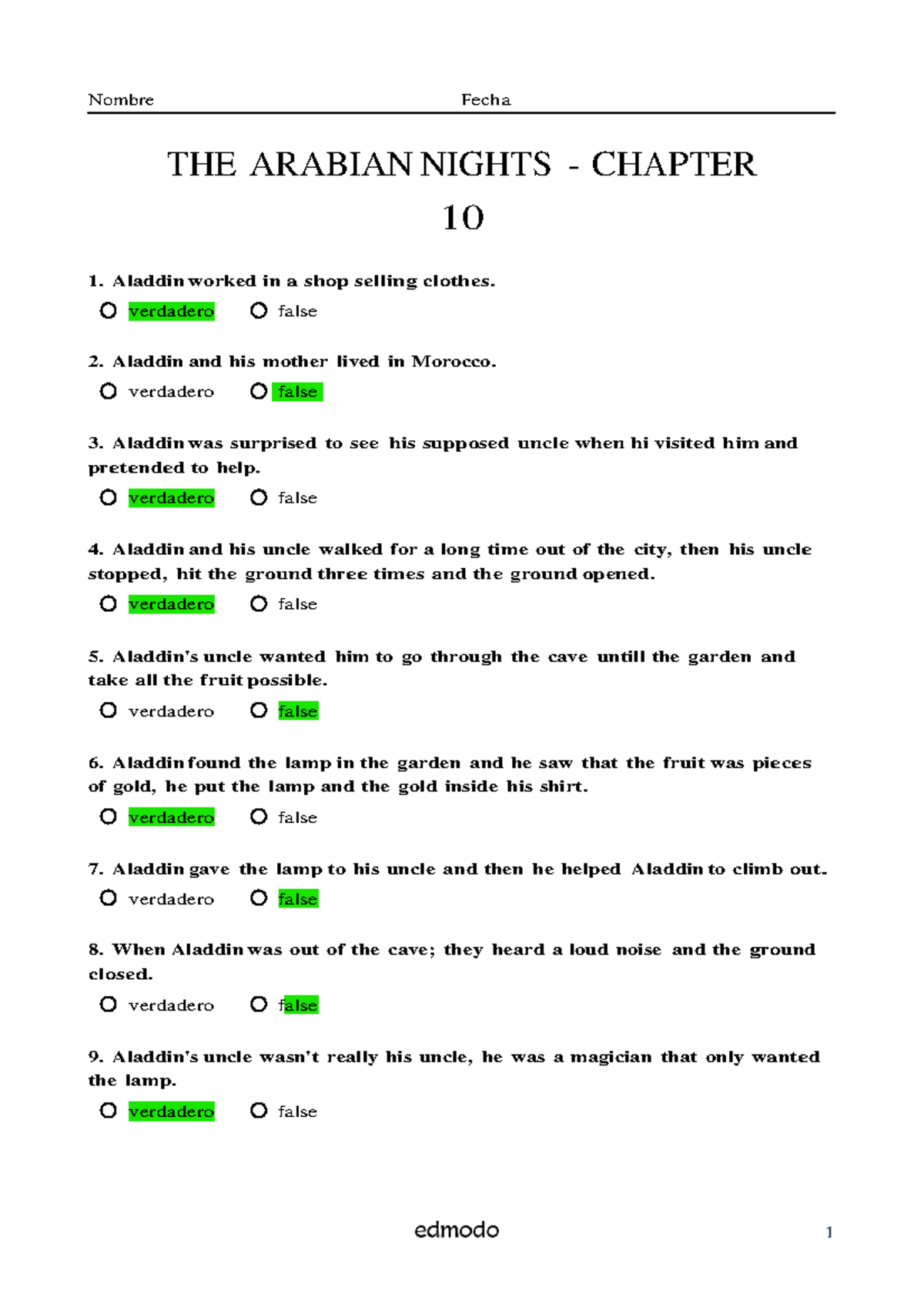 THE Arabian Nights - Chapter 10 - 1 Nombre Fecha THE ARABIAN NIGHTS ...