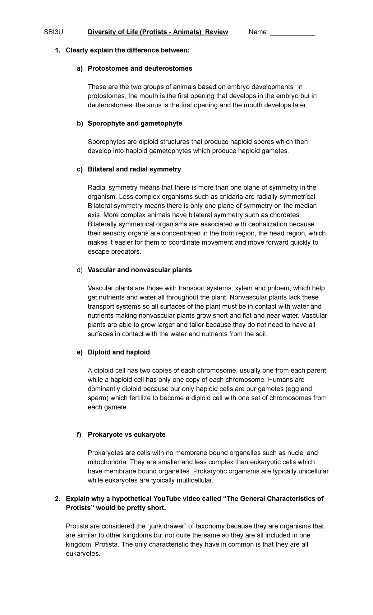 SBI3U Diversity of Life Review (Protists-Animals)Worksheet #1 - SBI3U ...